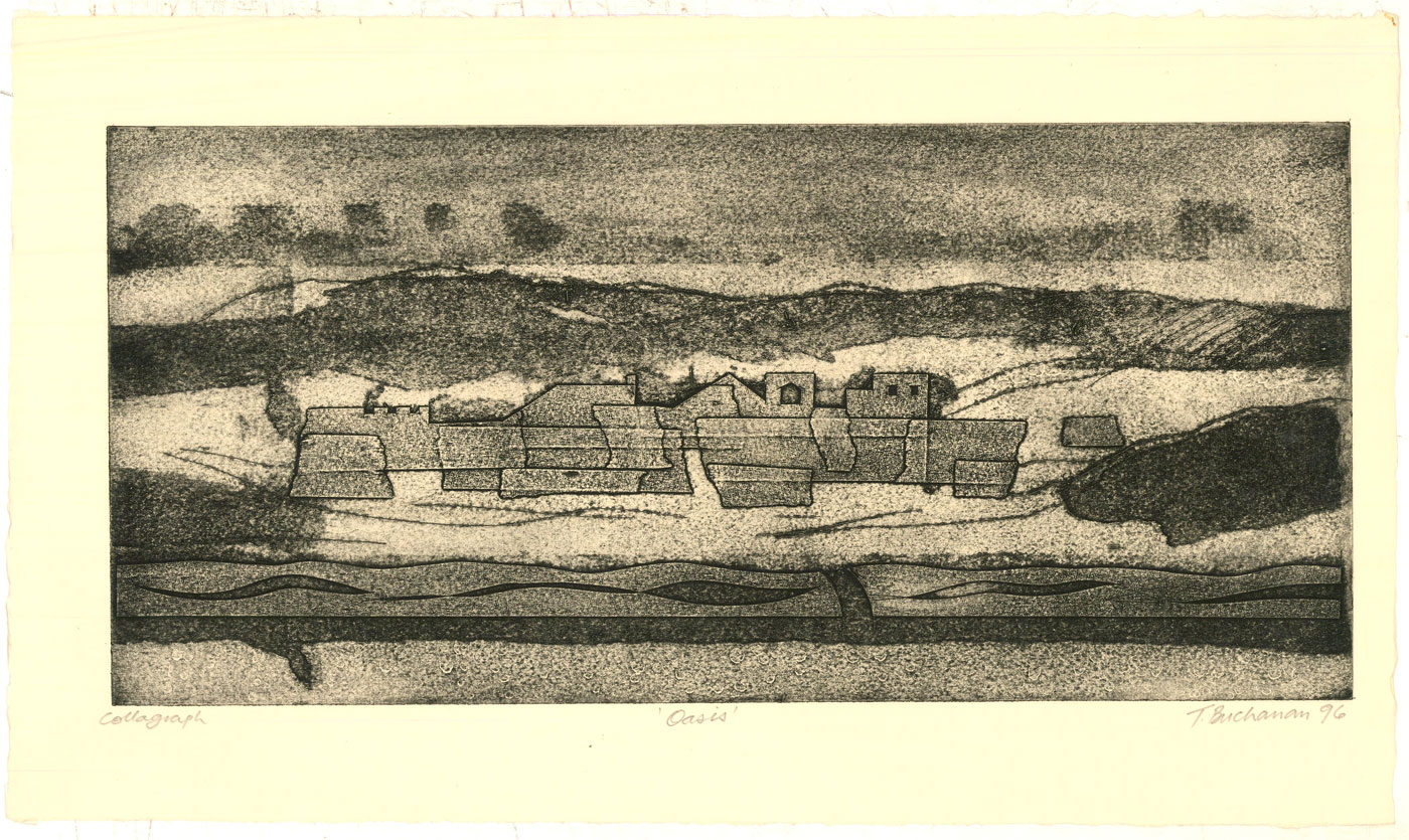 Terry Buchanan (b.1938) - 1996 Collagraph, Oasis von Terry Buchanan (b ...