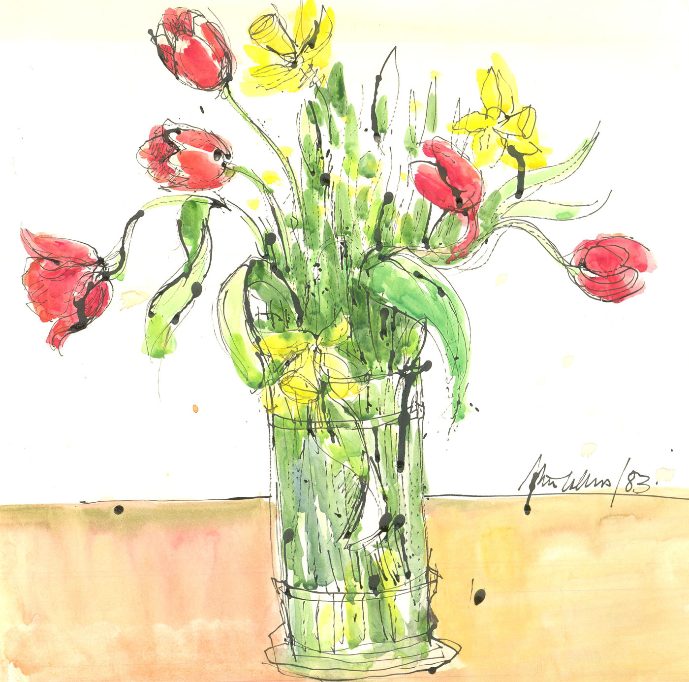 Peter Collins ARCA - 1983 Pen and Ink Drawing, Daffodils & Tulips von ...