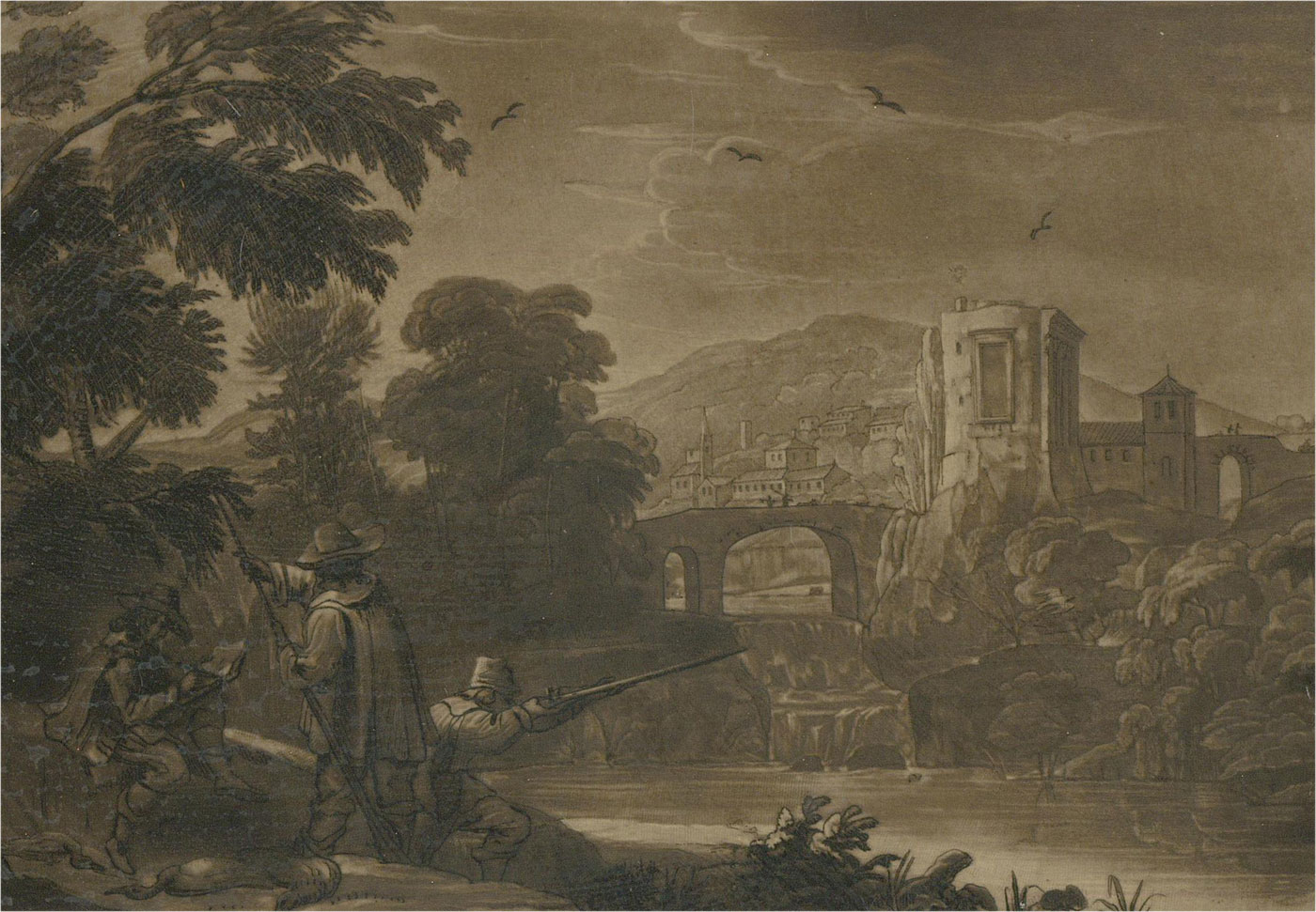 John Bromley after Claude Lorraine - 1825 Mezzotint, Landscape With ...