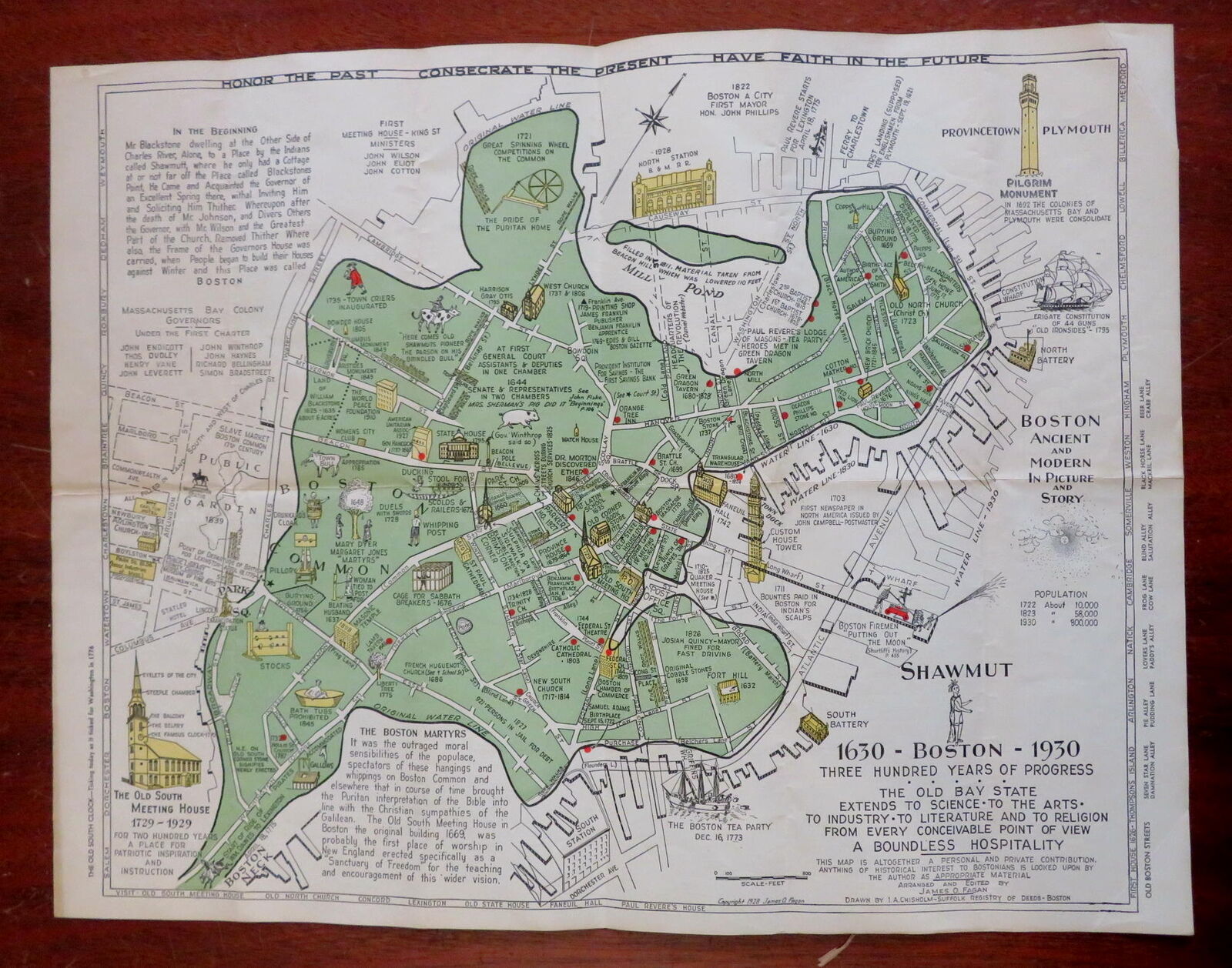 Boston MA Historical City Plan Cartoon Pictorial Map 1928 Chisholm ...