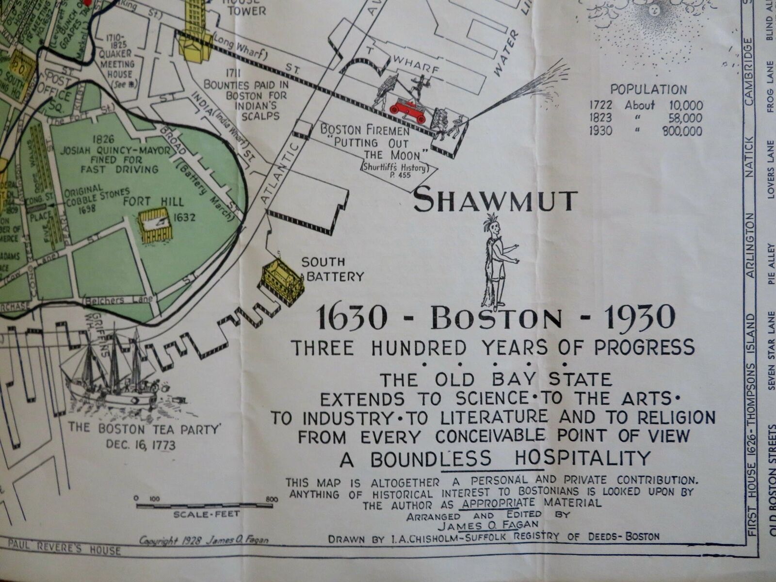 Boston MA Historical City Plan Cartoon Pictorial Map 1928 Chisholm ...