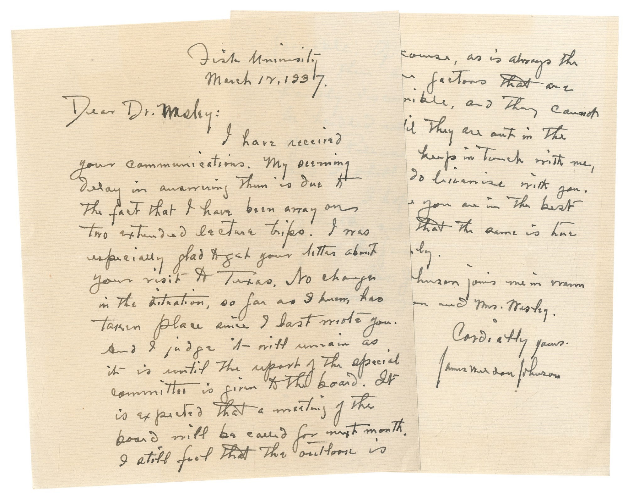 Autograph Letter Signed to Charles Wesley by JOHNSON, James Weldon ...