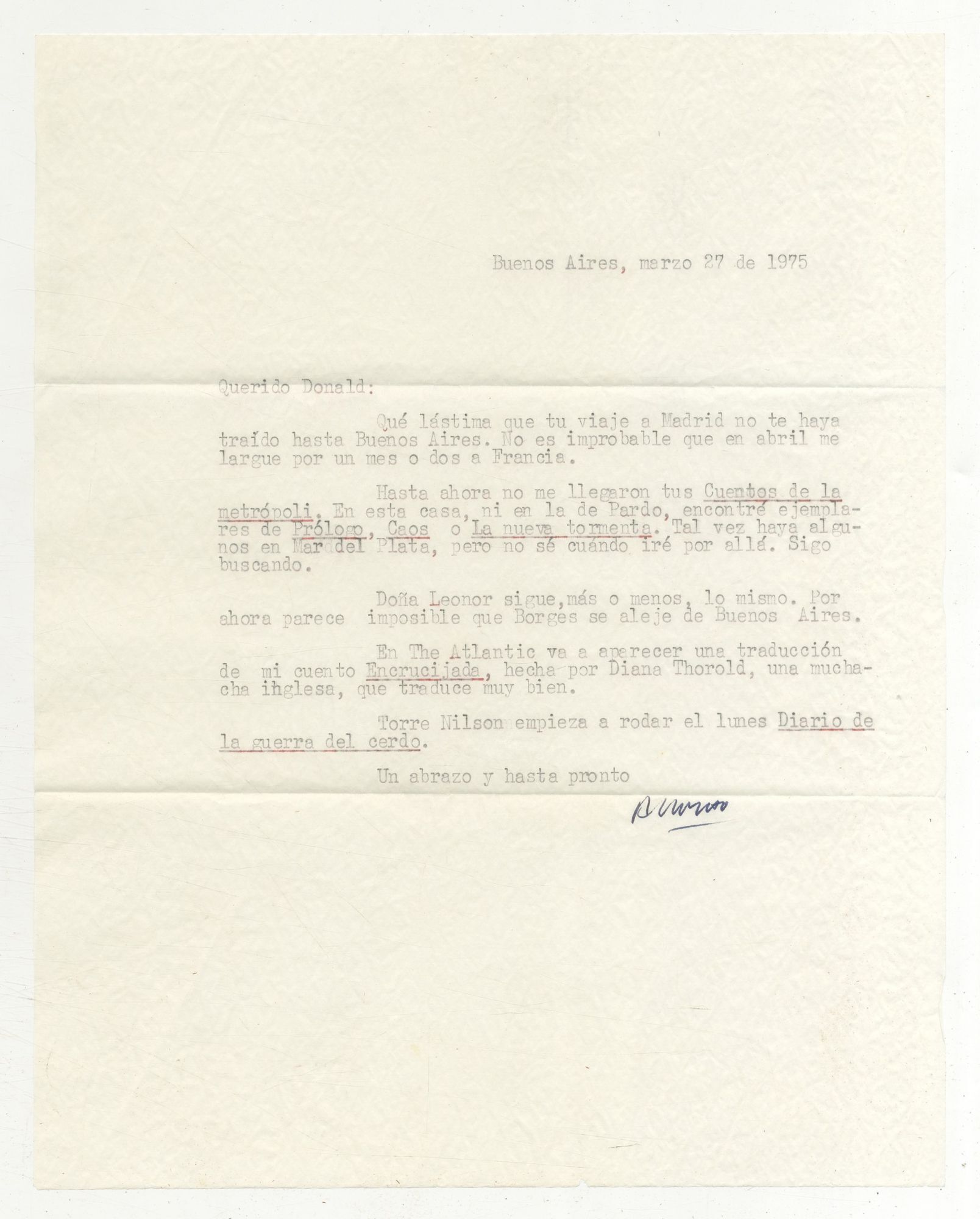 Typed Letter Signed to Donald Yates by BIOY CASARES, Adolfo: Fine ...