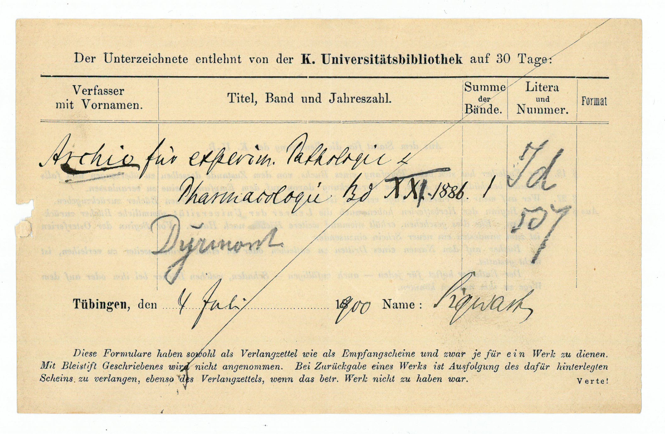 Gedr. Dokument mit eigenh. Eintragung und U. by Sigwart, Christoph von ...