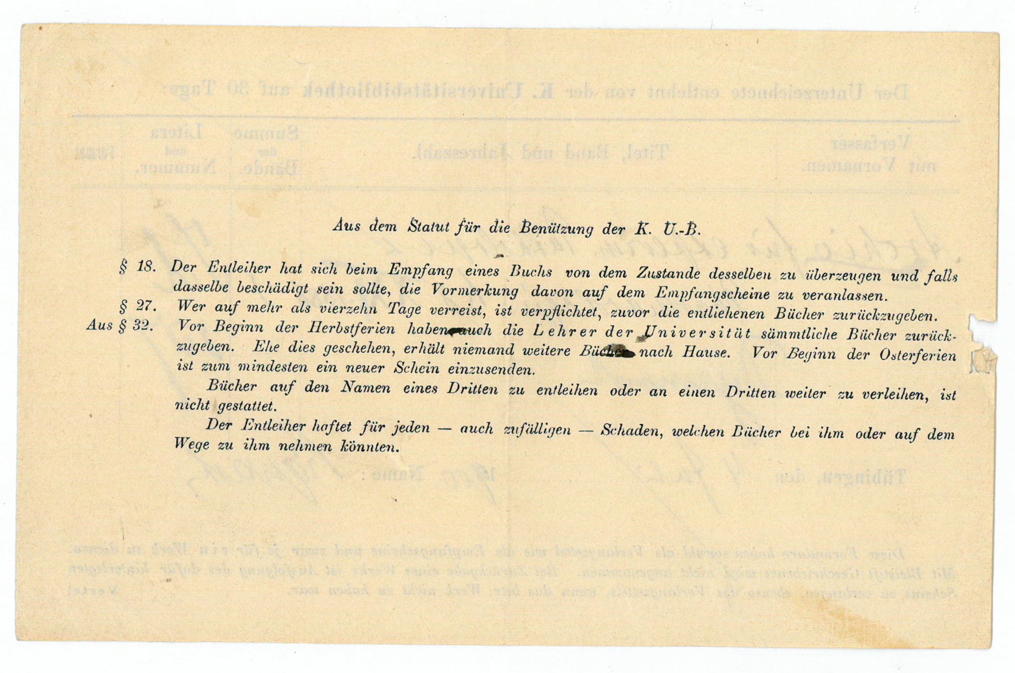 Gedr. Dokument mit eigenh. Eintragung und U. by Sigwart, Christoph von ...