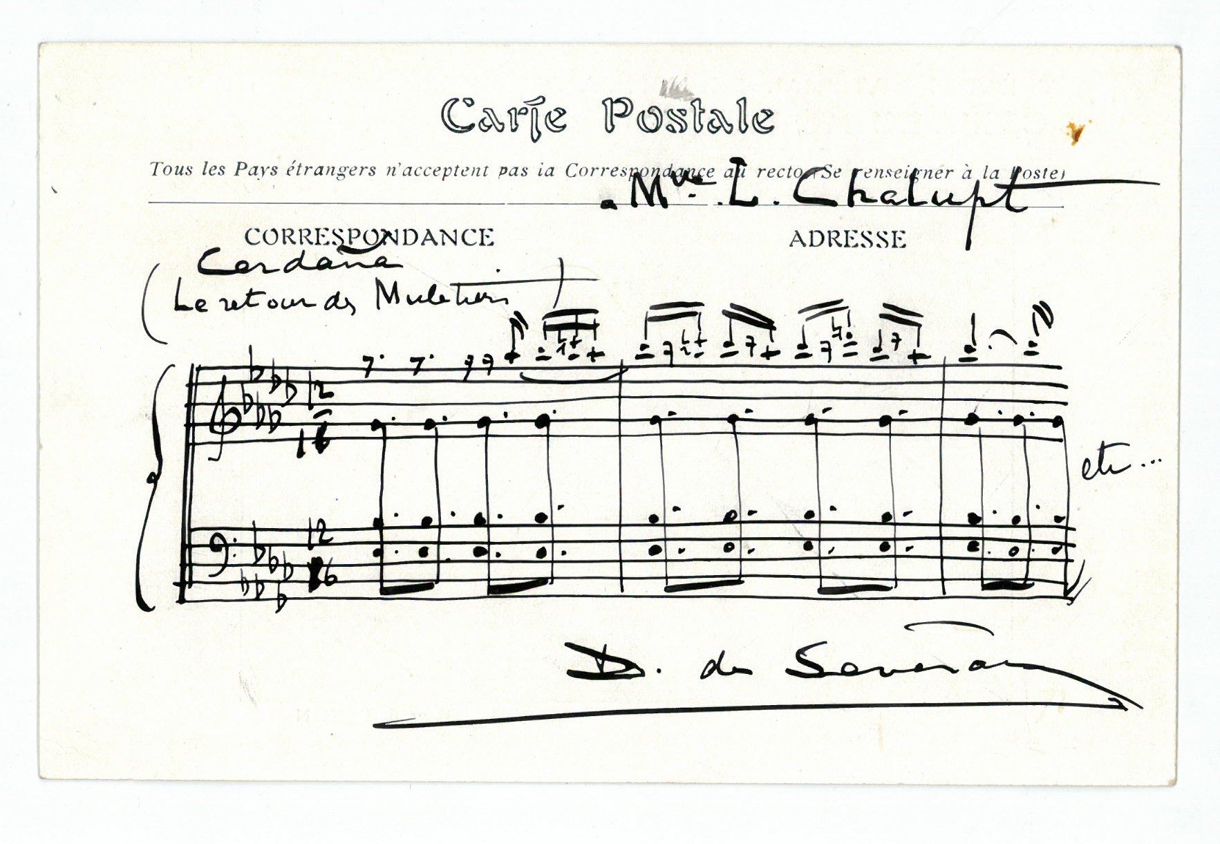 Picture postcard with an autograph musical quotation signed "D. de ...