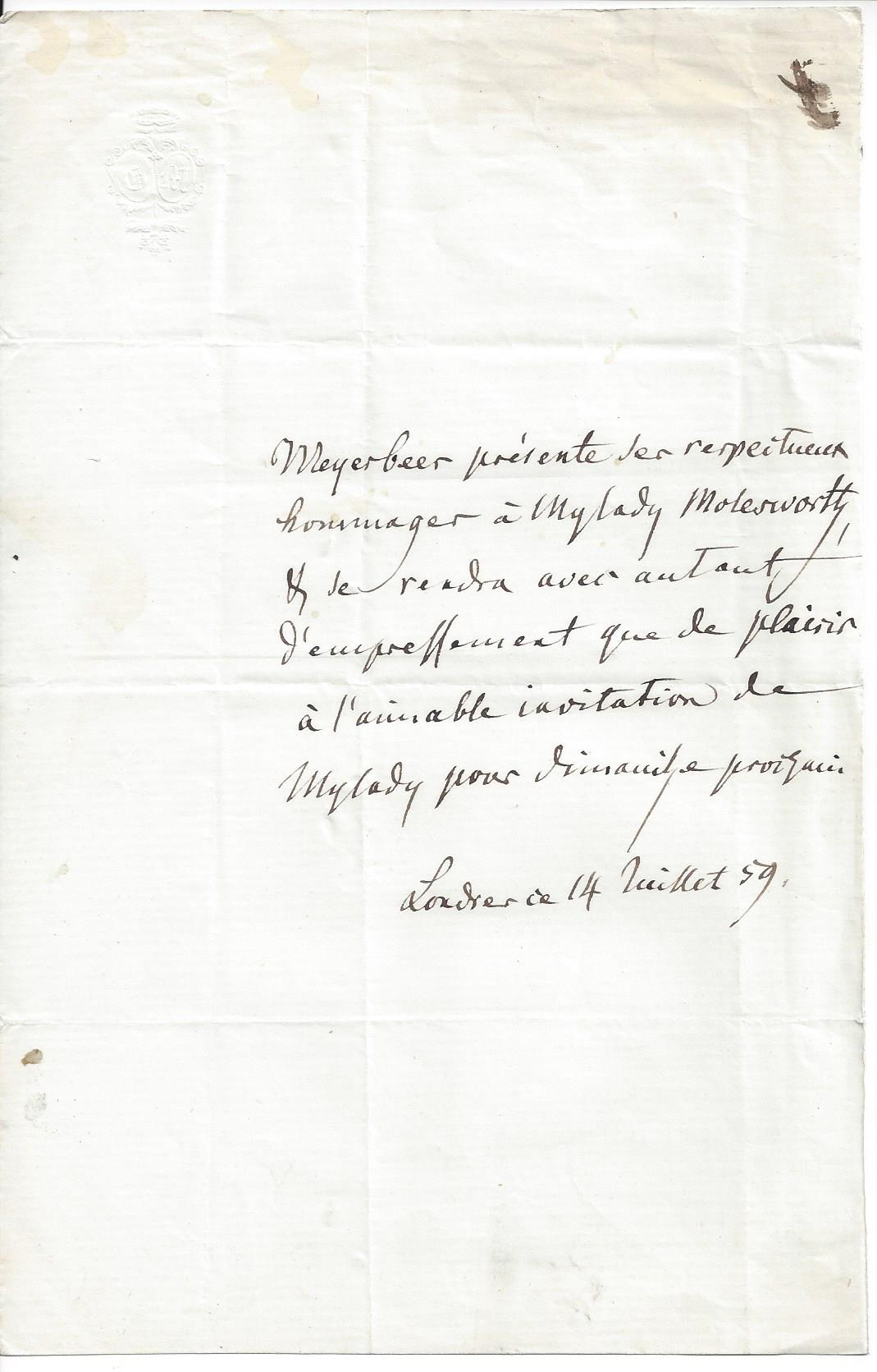 [The Father of Grand Opera: Giacomo Meyerbeer.] Autograph Note in ...
