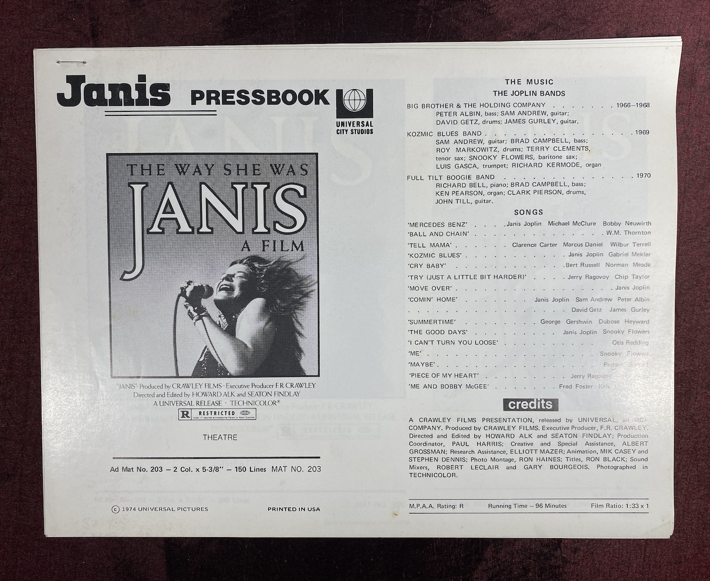 Janis: A Film (PROMOTIONAL MATERIAL for the 1974 Documentary) by Joplin ...