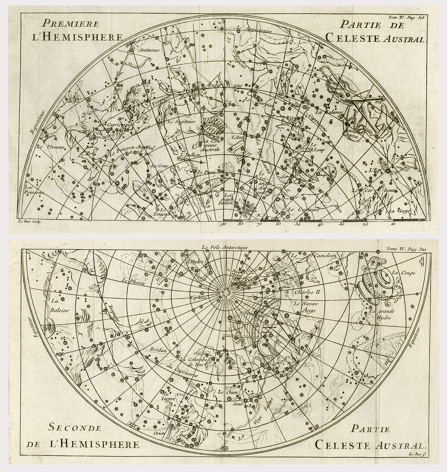 2 Antique Maps-Celestial charts with the zodiac-Astronomy-Le Bas-Pluche ...