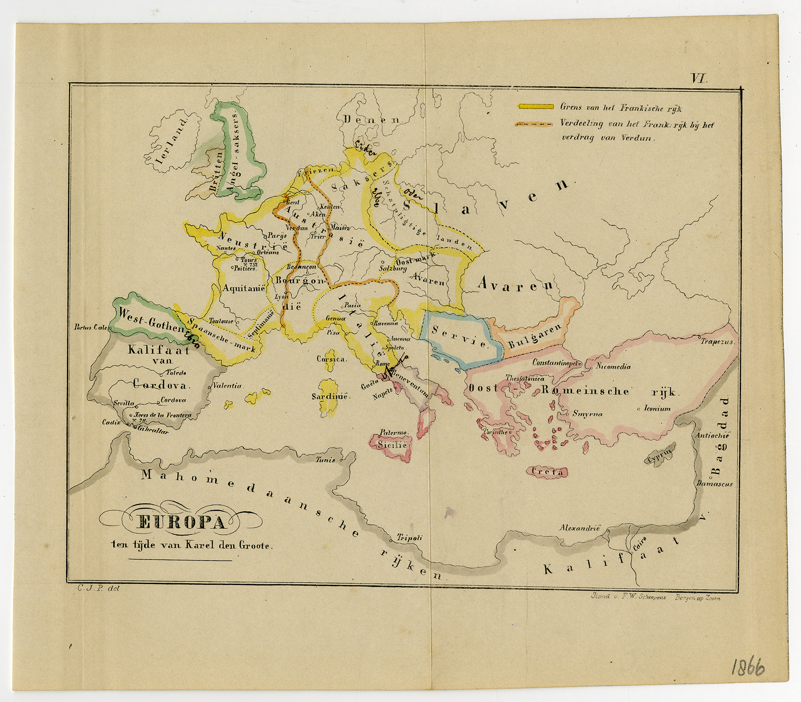 Antique Map-History-View of Europe around 800 AD-Scheepens-1866: (1866 ...