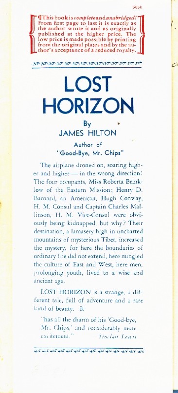 RARE LOST HORIZON BY JAMES HILTON (1933) GROSSET & DUNLAP HARDCOVER ...