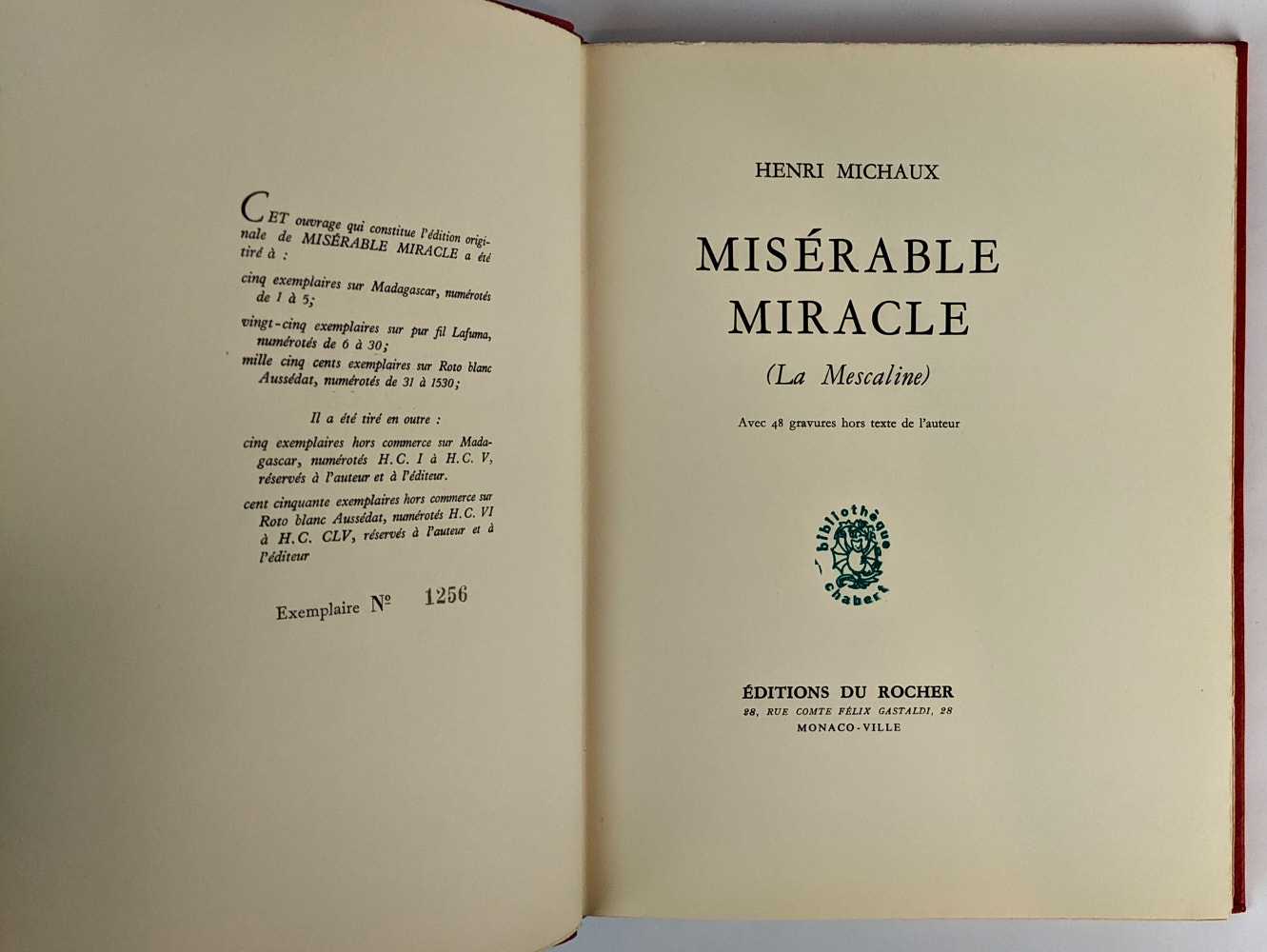 Miserable Miracle (La Mescaline) by Henri Michaux: Near Fine Hardcover (1956) First Edition ...