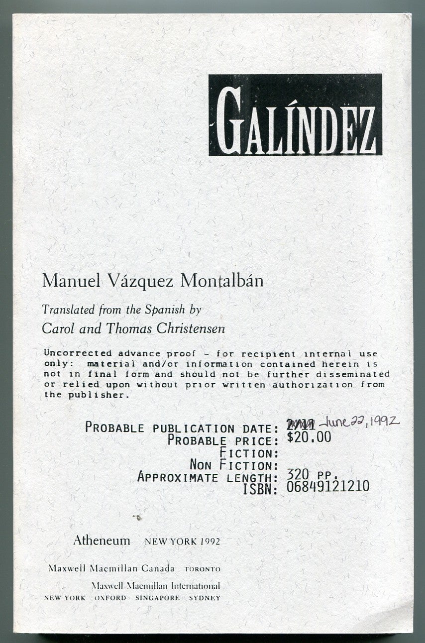 Galíndez by MONTALBÁN, Manuel Vázquez: Fine Softcover (1992) | Between the Covers-Rare Books ...
