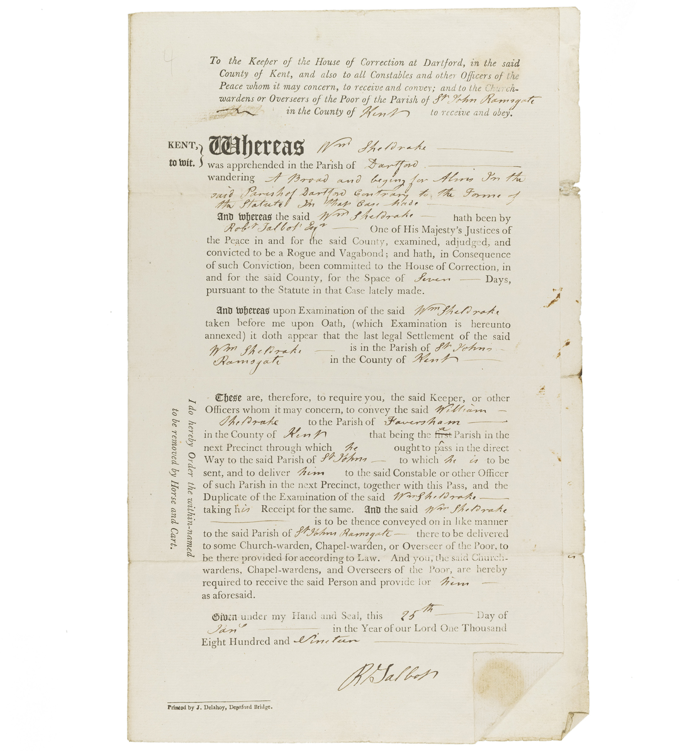 Form of order for the removal of William Sheldrake, a beggar, from ...