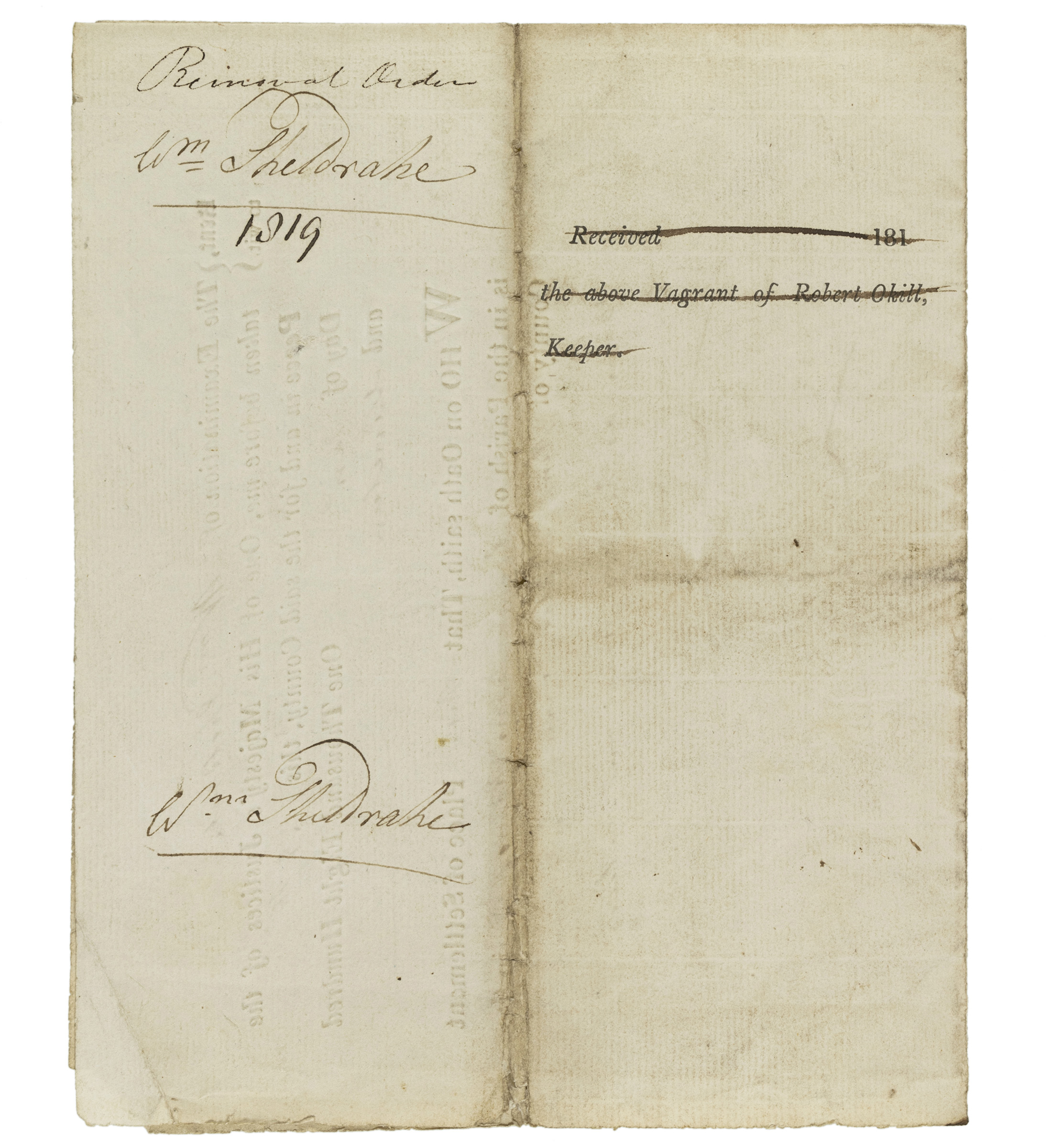 Form of order for the removal of William Sheldrake, a beggar, from ...