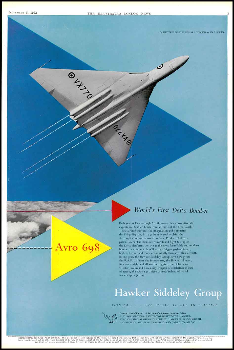 1952 Vintage Advertising HAWKER SIDDELEY GROUP Delta Bomber (AD11-23 ...