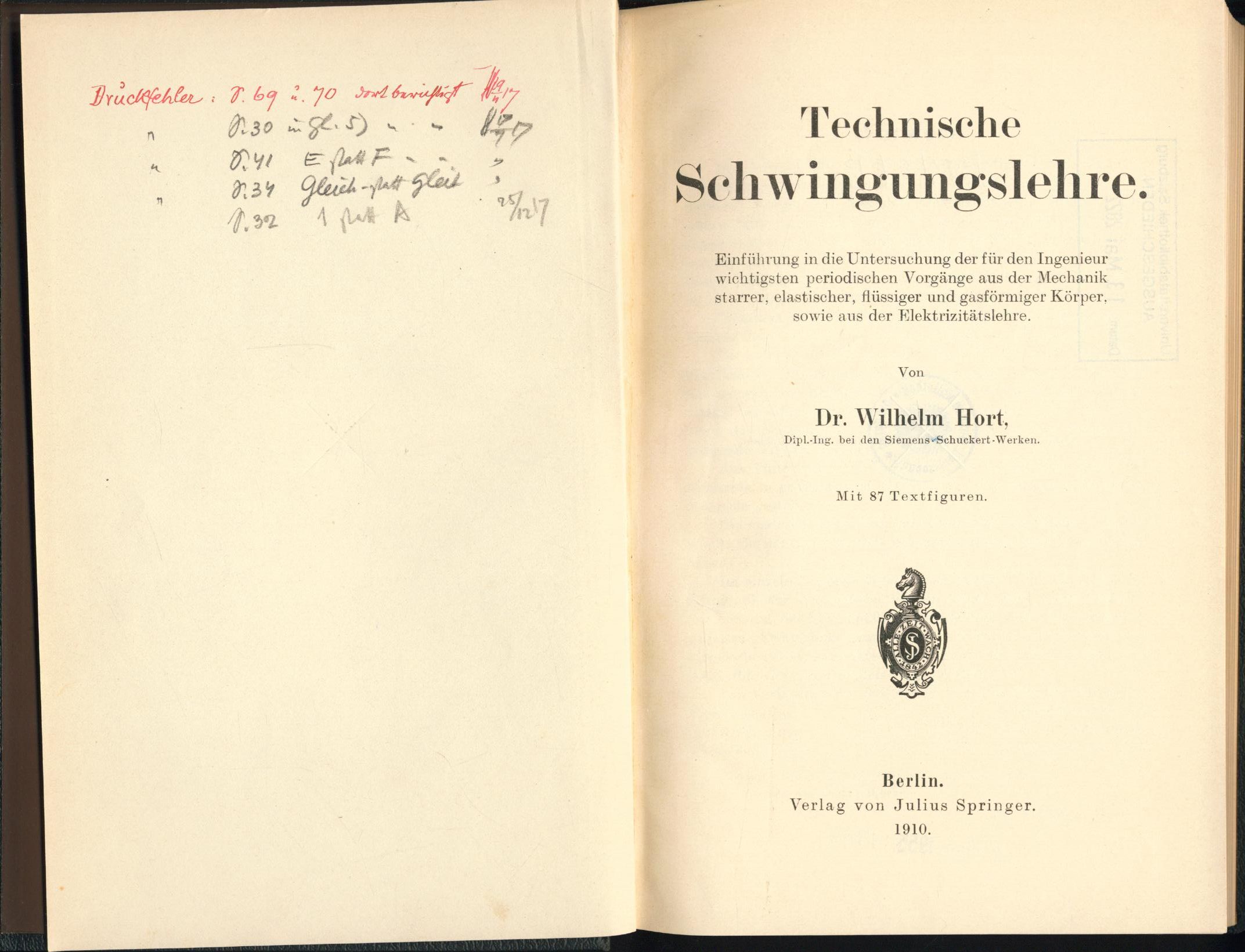Technische Schwingungslehre Mit 87 Textfiguren by Hort, Wilhelm:: Gut 21 x 14,5 cm (1910) 1 ...