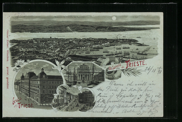 Lume di luna-Lithographie Trieste, Panorama di Trieste da Opicina, St ...