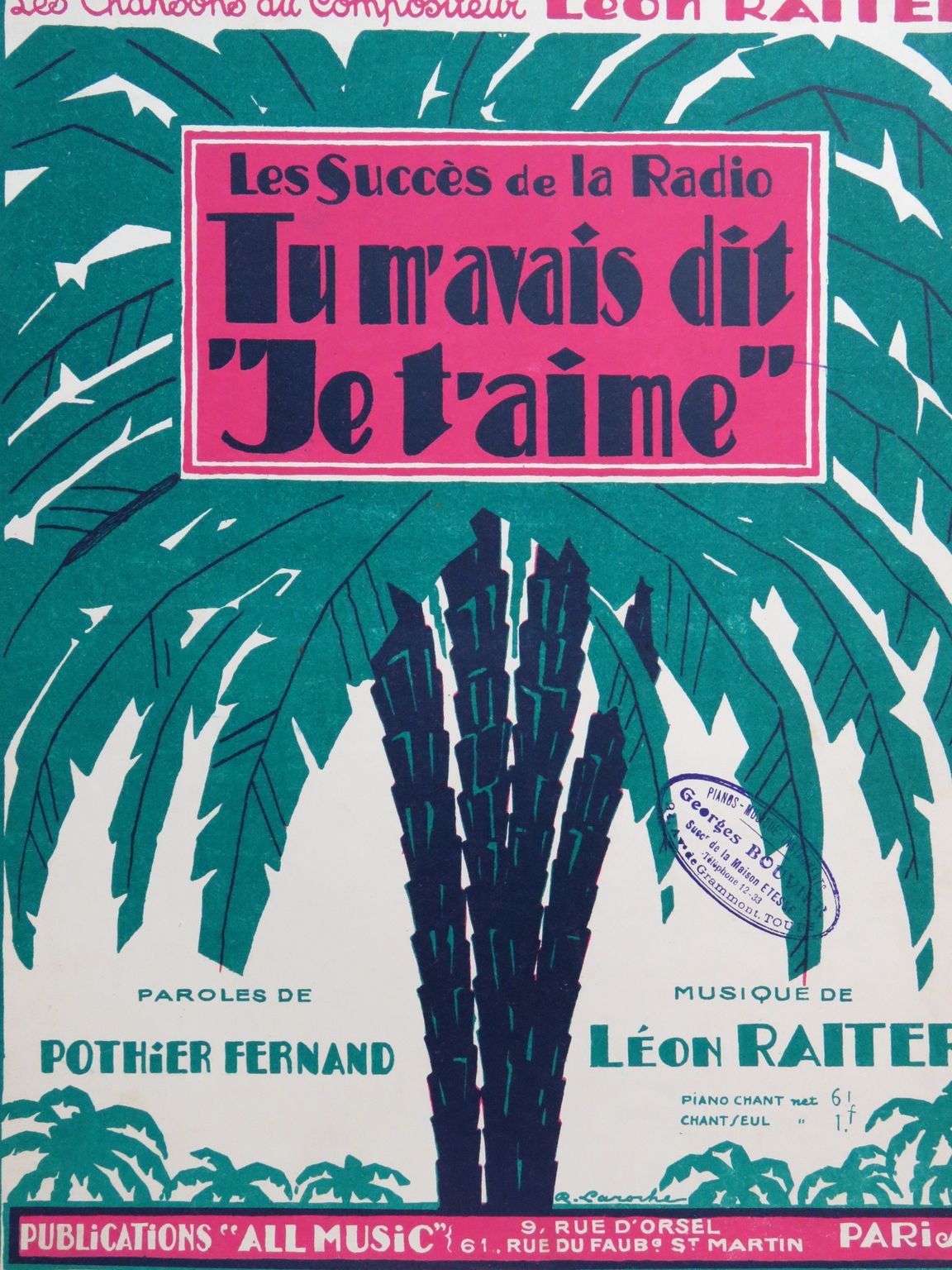 RAITER Léon Tu m'avais dis je t'aime Chant Piano 1927 by RAITER Léon Tu ...