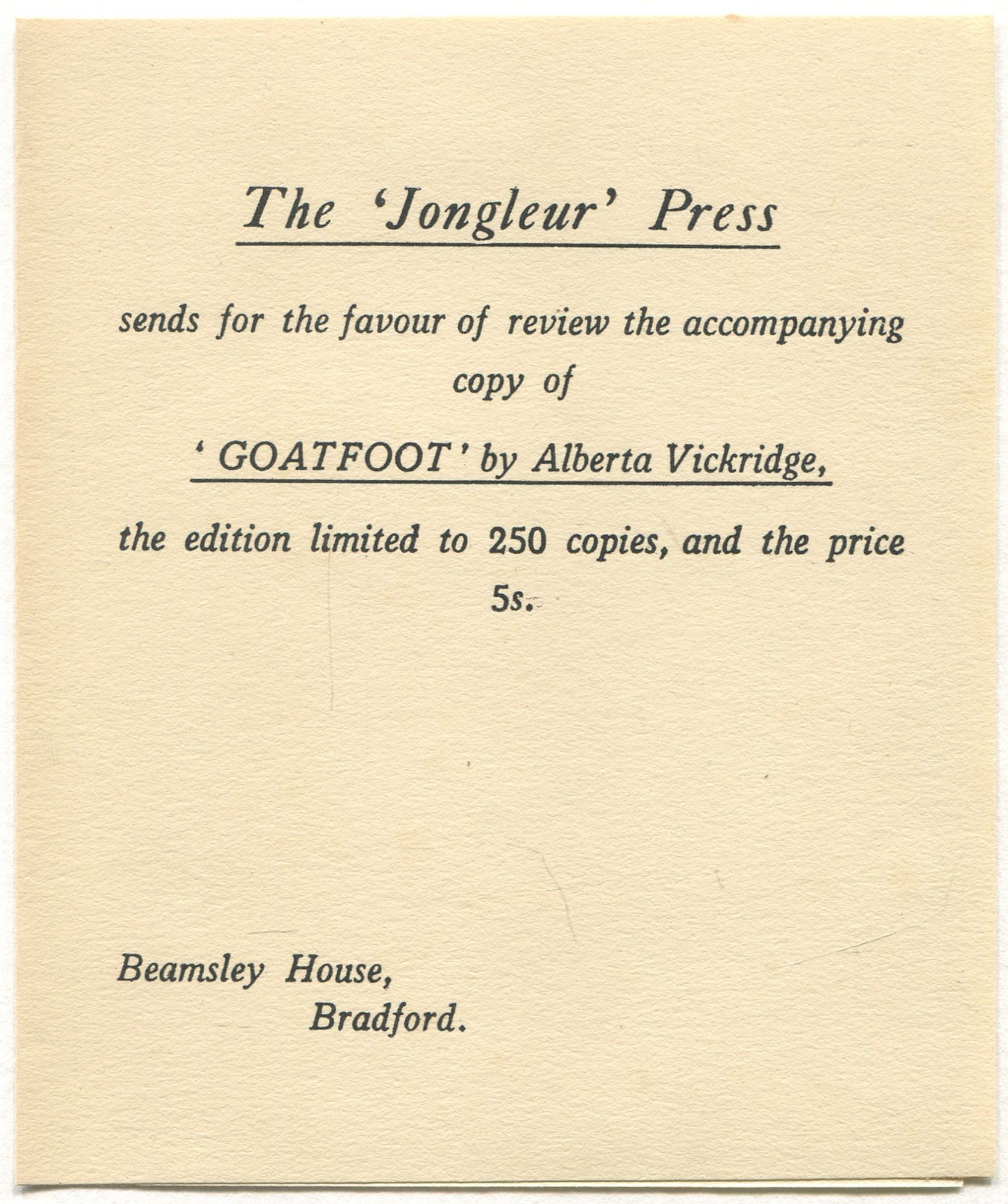Goatfoot and Other Poems by VICKRIDGE, Alberta: Very Good Hardcover ...