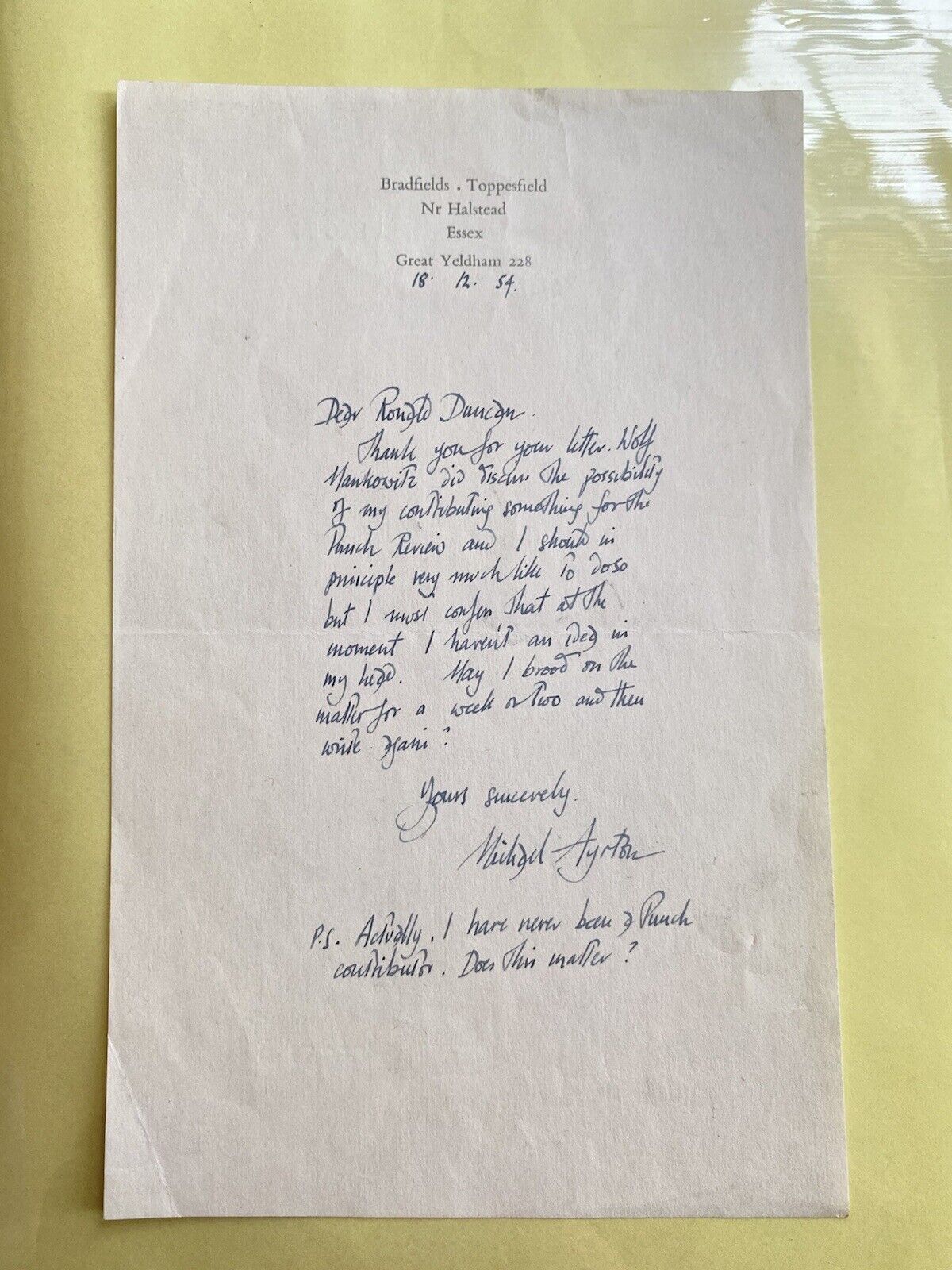 A handwritten letter from Michael Ayrton to Ronald Duncan regarding a ...