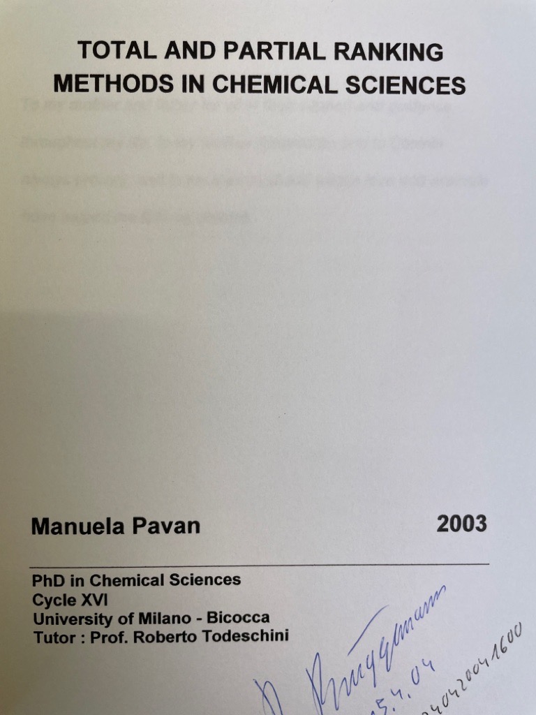 Total and Partial Ranking Methods in Chemical Sciences. Manuela Pavan ...