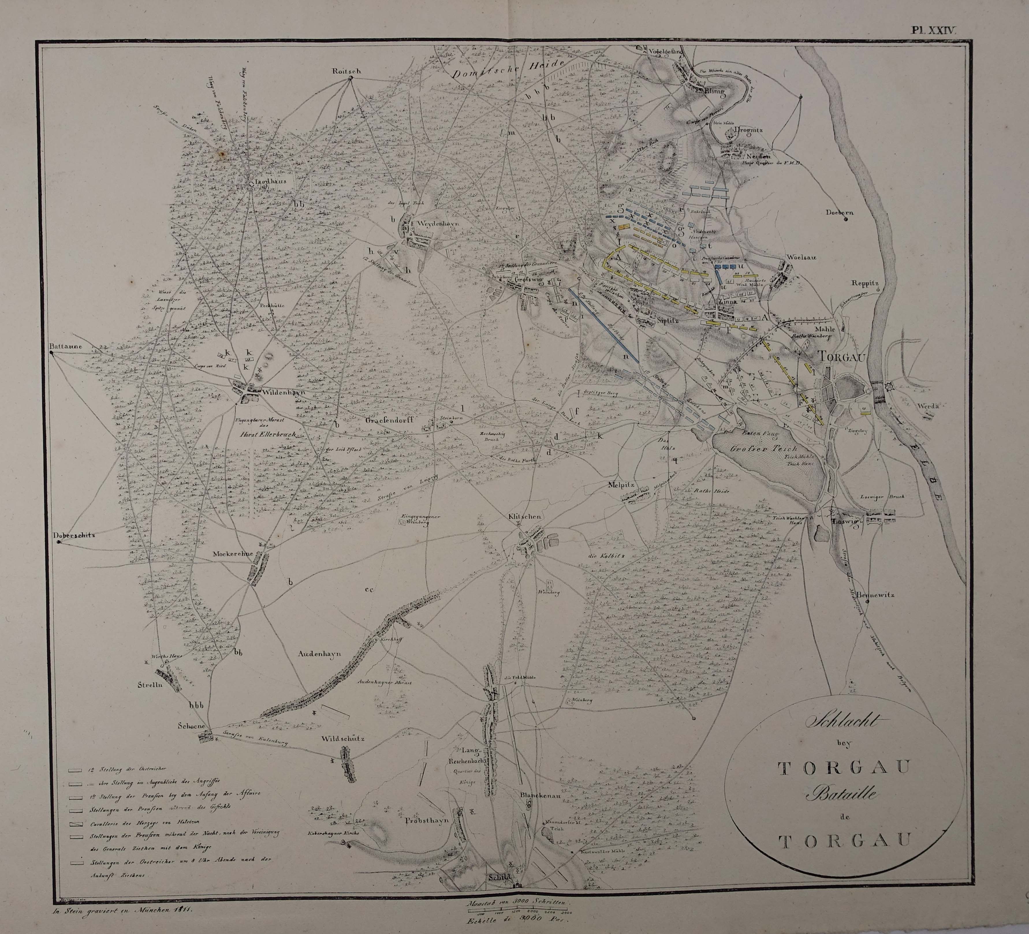 Schlacht bey Torgau Bataille de Torgau. Lithographierte Karte mit ...