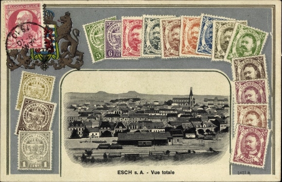 Präge Briefmarken Wappen Ansichtskarte / Postkarte Esch sur Alzette ...