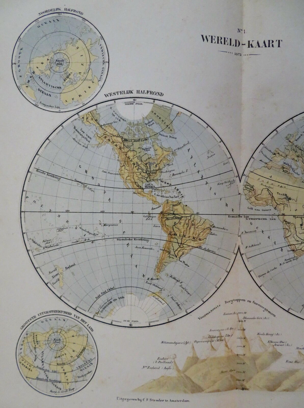 World Map in Double Hemispheres North & South Pole 1873 Stemler map ...