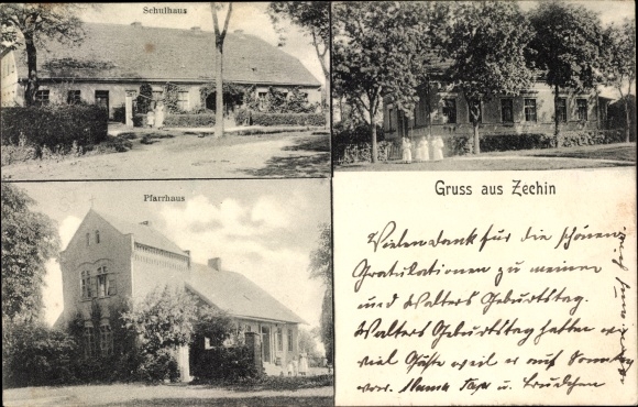 Ansichtskarte / Postkarte Zechin im Oderbruch, Schulhaus, Pfarrhaus ...