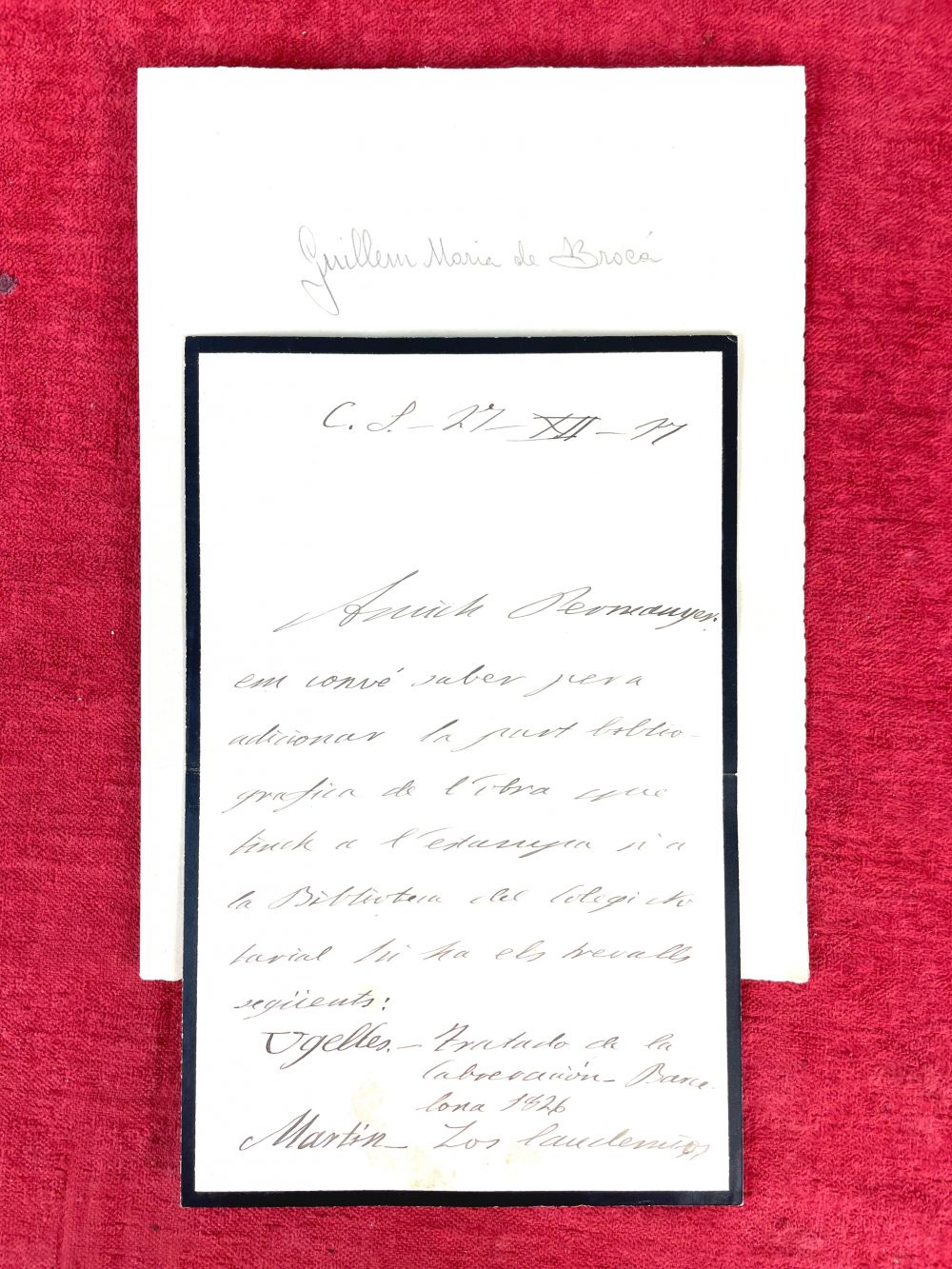 CARTA MANUSCRITA POR GUILLEM MARIA DE BROCA A PERMANYER. 1889 by ...