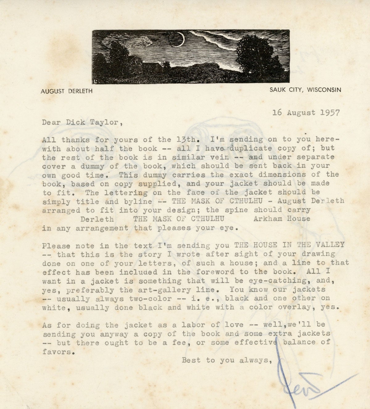 TYPED LETTER SIGNED (TLS). 1 page, dated 16 August 1957, to "Dear Dick ...