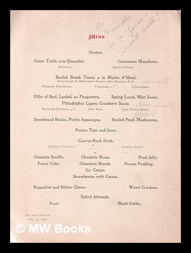 19th Century Menu from Revere House Hotel Boston by O' Meara, Henry ...