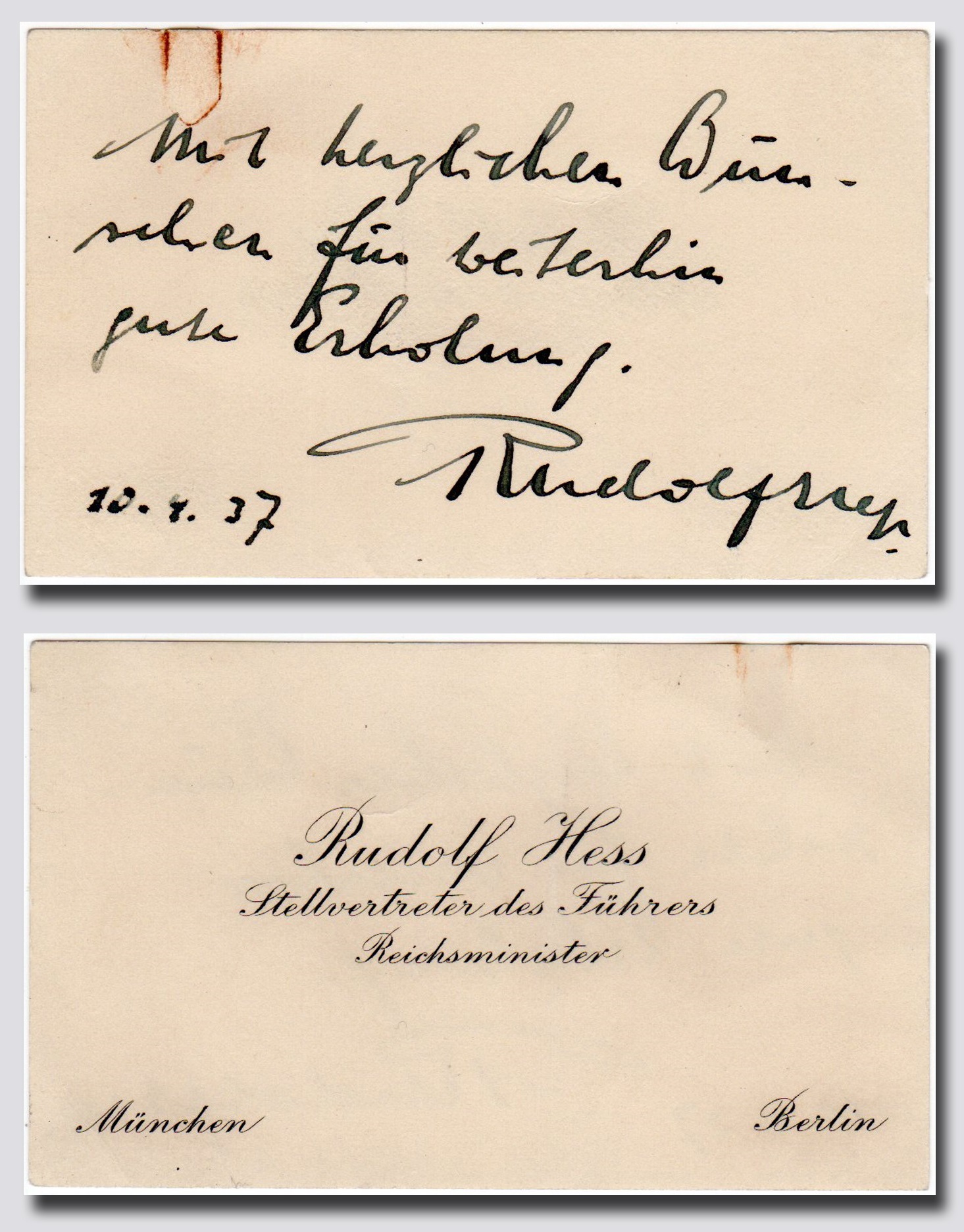 Autograph note signed on his personal visiting card by Hess, Rudolf ...