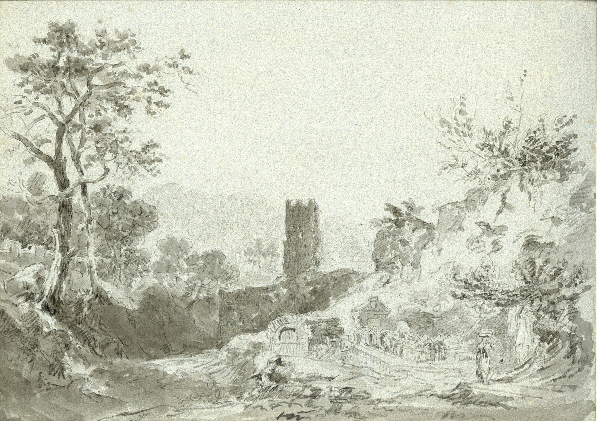English landscape with a figure standing amidst castle ruins by ...
