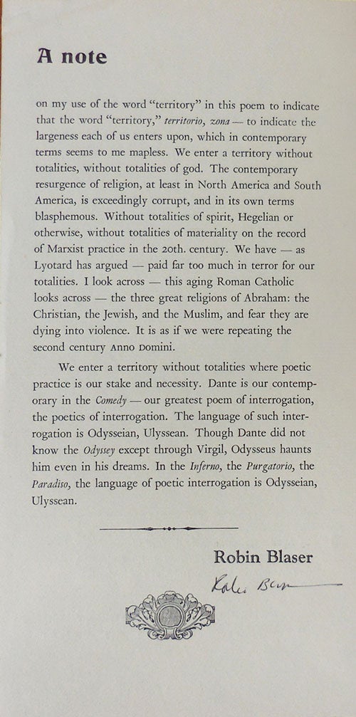 A Note (Broadside, Signed and Inscribed) by Blaser, Robin: Very Good ...