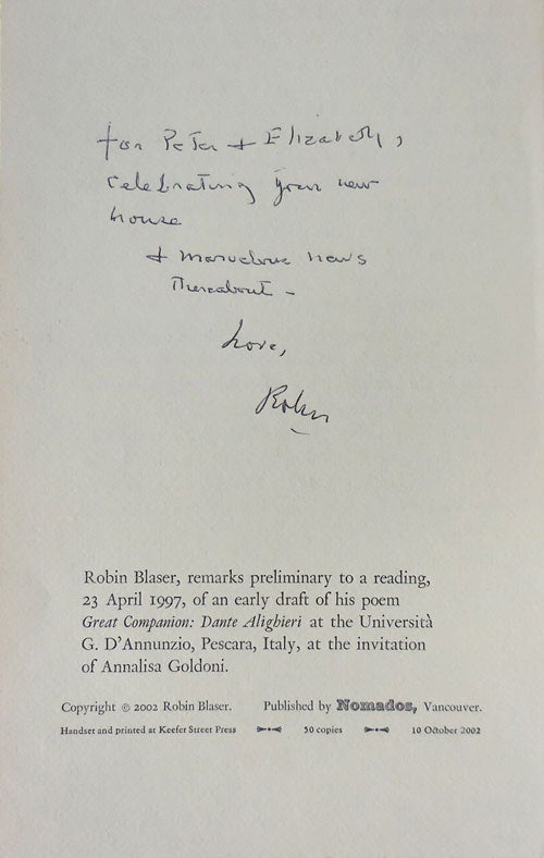 A Note (Broadside, Signed and Inscribed) by Blaser, Robin: Very Good ...