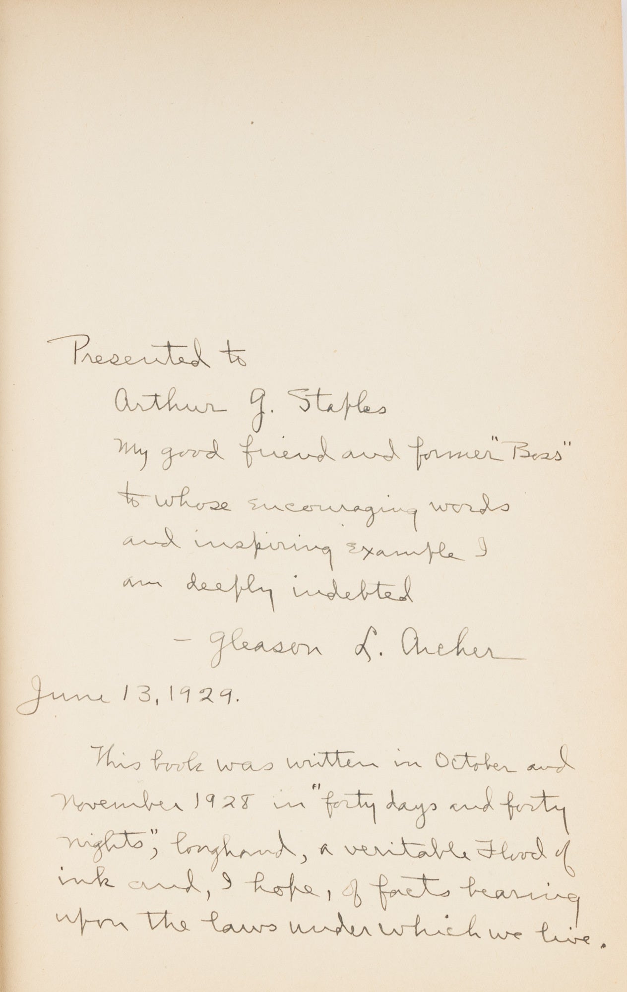 History of the Law, Inscribed to Arthur G. Staples by Archer, Gleason L ...