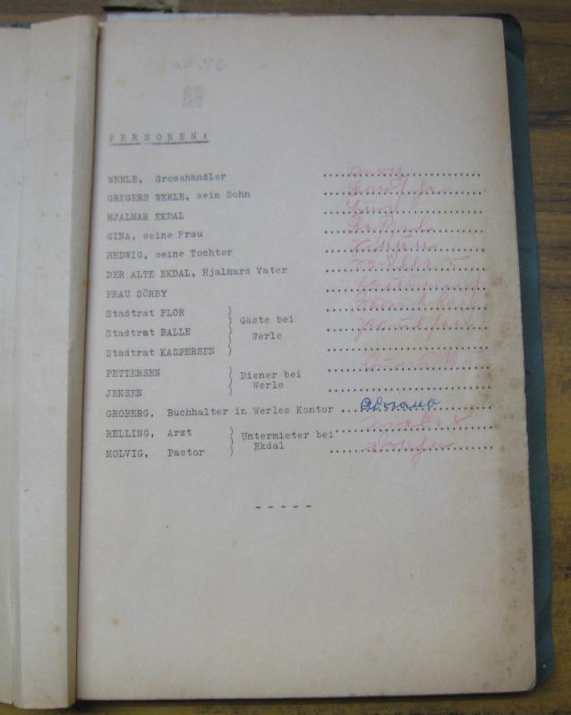 Die Wildente. - Rollenbuch / Soufflierbuch der Marie-Luise Weidner. von ...