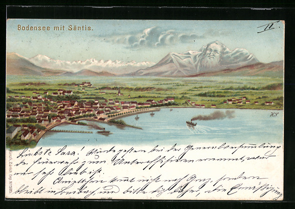 Lithographie Bodensee mit Säntis, Berg mit Gesicht / Berggesichter ...