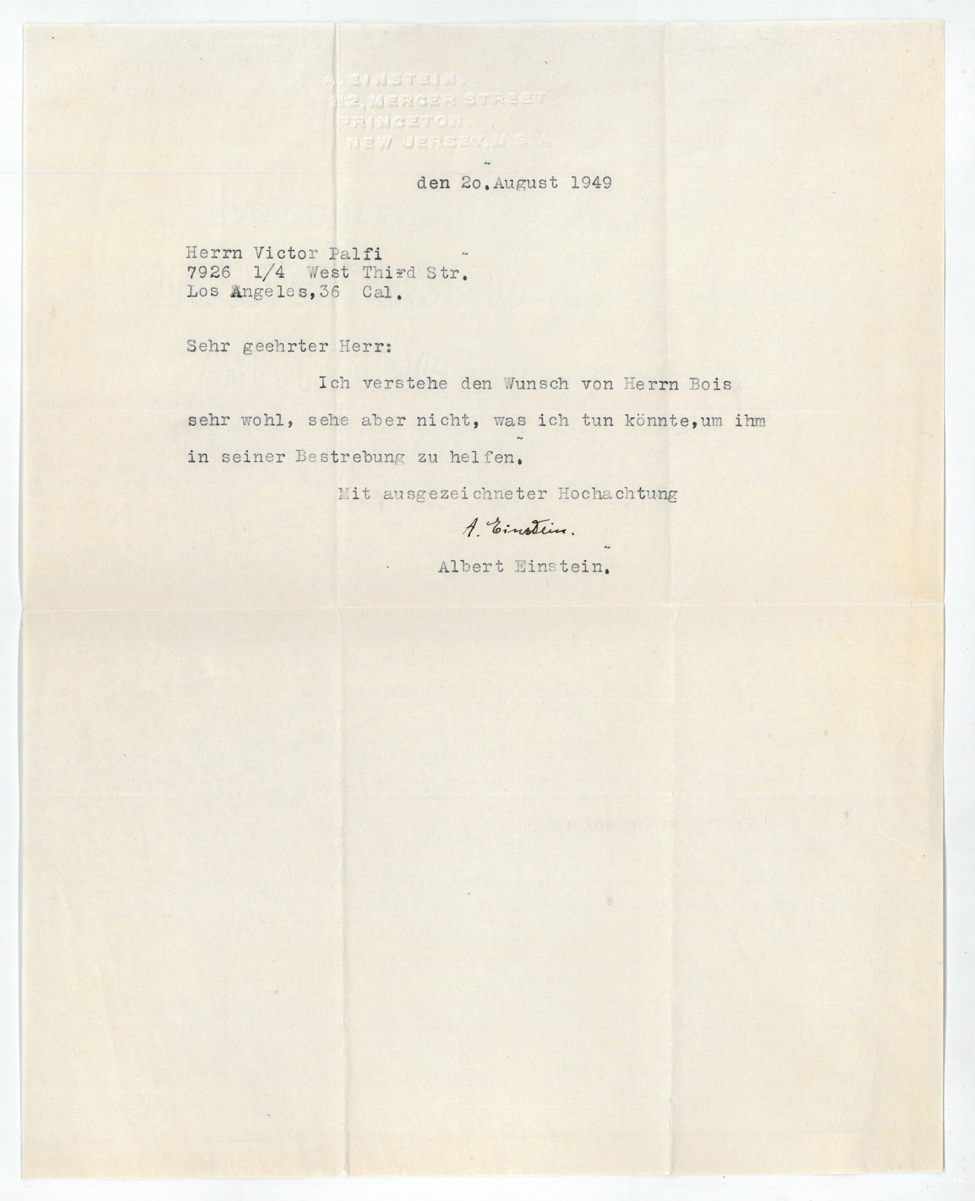Typed letter signed ("A. Einstein"). by Einstein, Albert, German ...