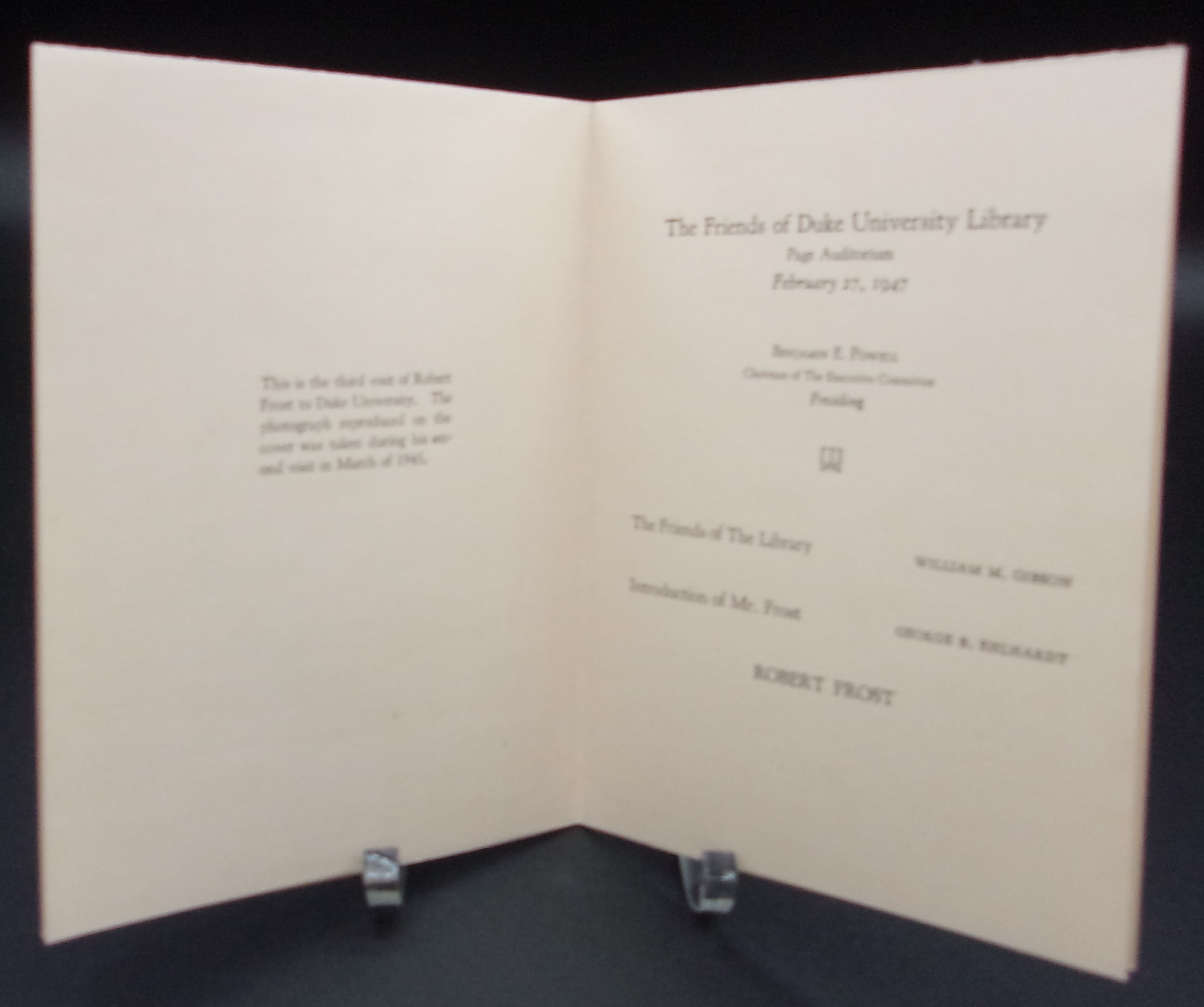 PROGRAM FOR A READING GIVEN BY ROBERT FROST: Duke University on ...