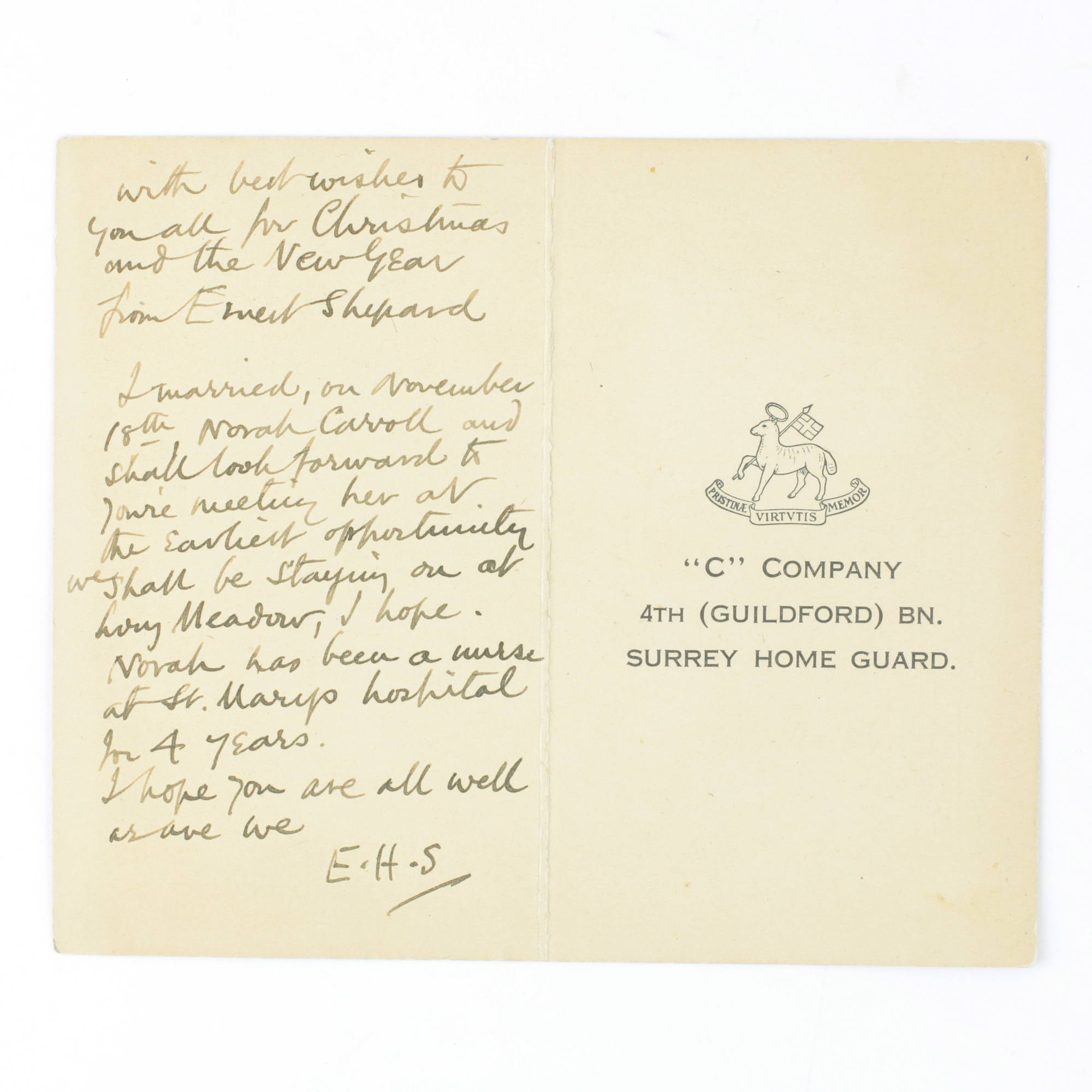 INSCRIBED CHRISTMAS CARD Christmas Greetings 1944 de SHEPARD, E.H ...