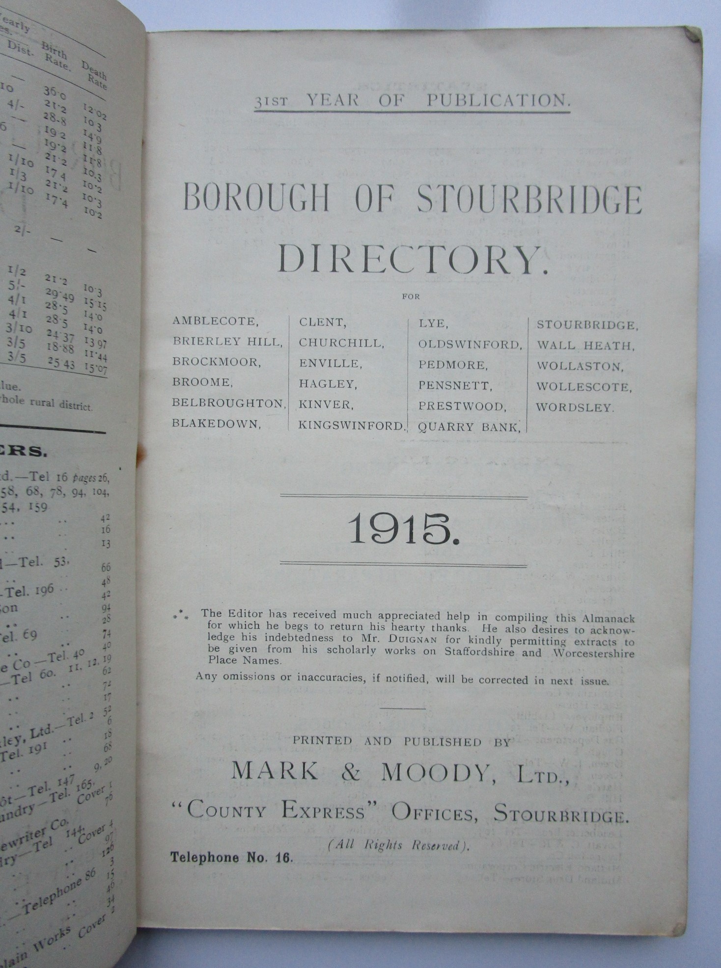 STOURBRIDGE ALMANACK & DIRECTORY For Stourbridge, Amblecote, Brierley ...