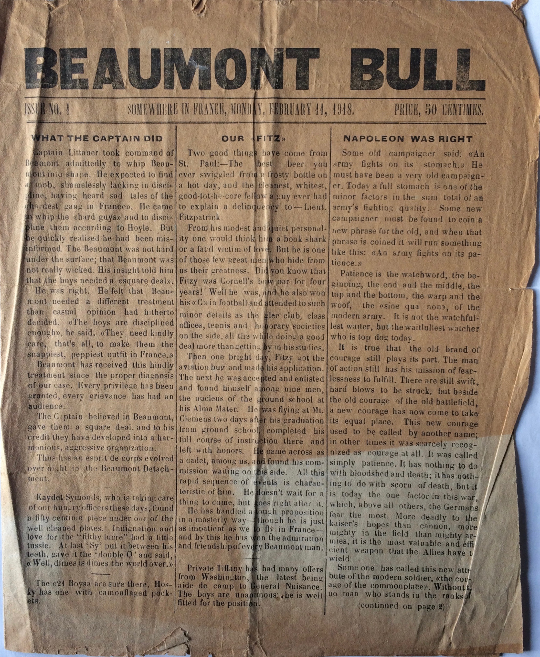 Beaumont Bull Issue No 1 11 February 1918. by FIRST WORLD WAR NEWSPAPER ...