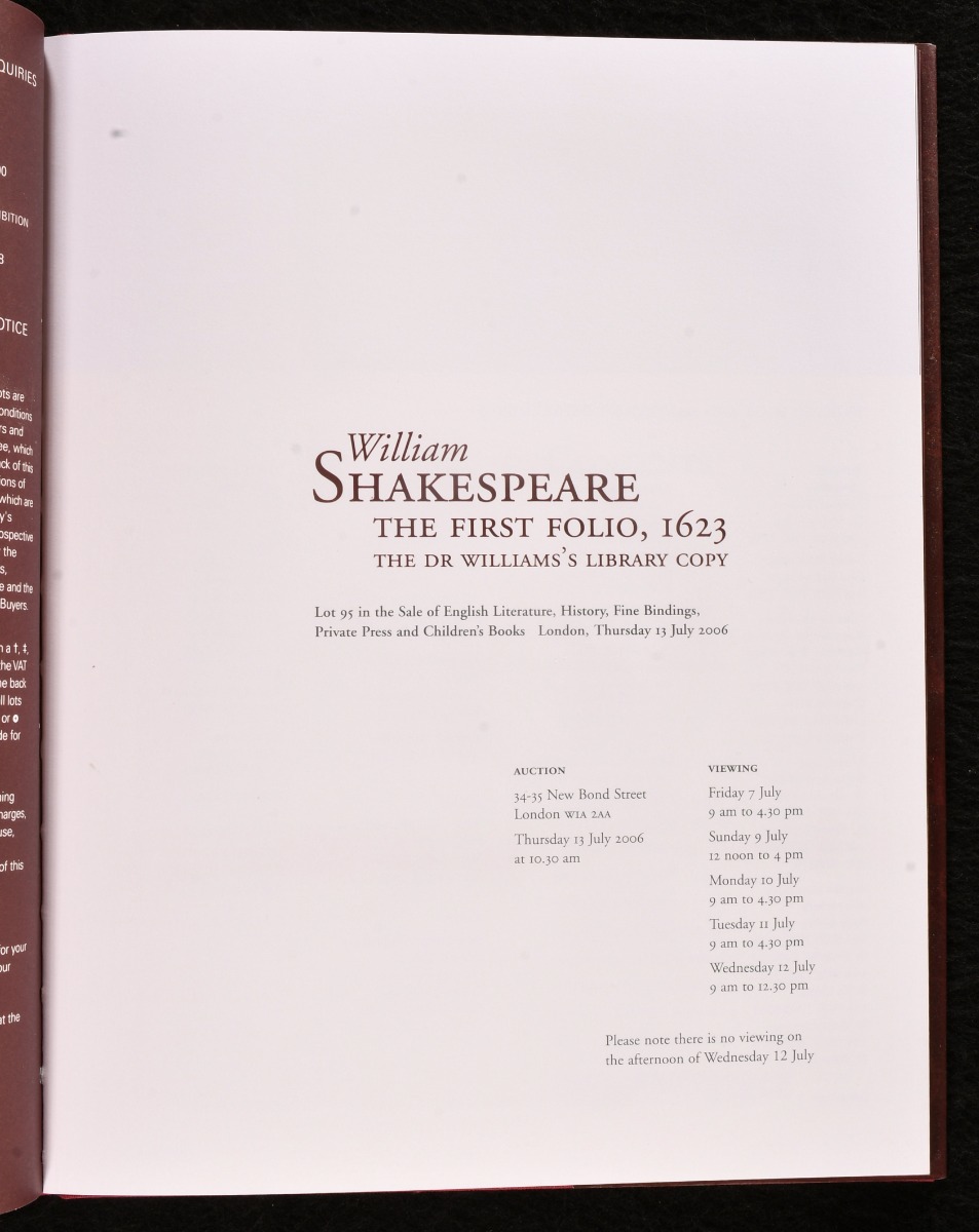 William Shakespeare: The First Folio, 1623. The Dr. Williams's Library ...