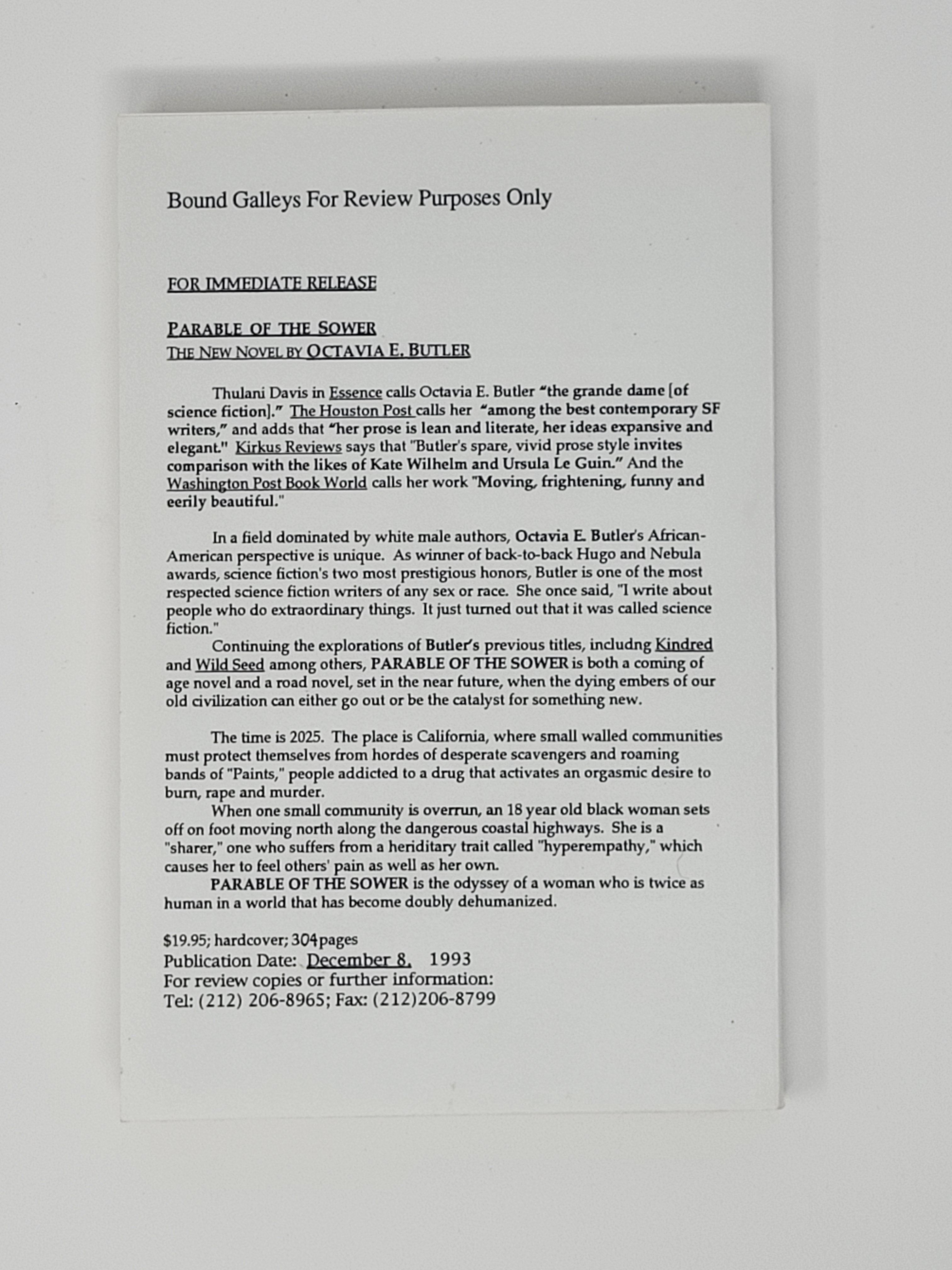 Parable of the Sower by Butler, Octavia E.: Near Fine Soft cover (1993 ...