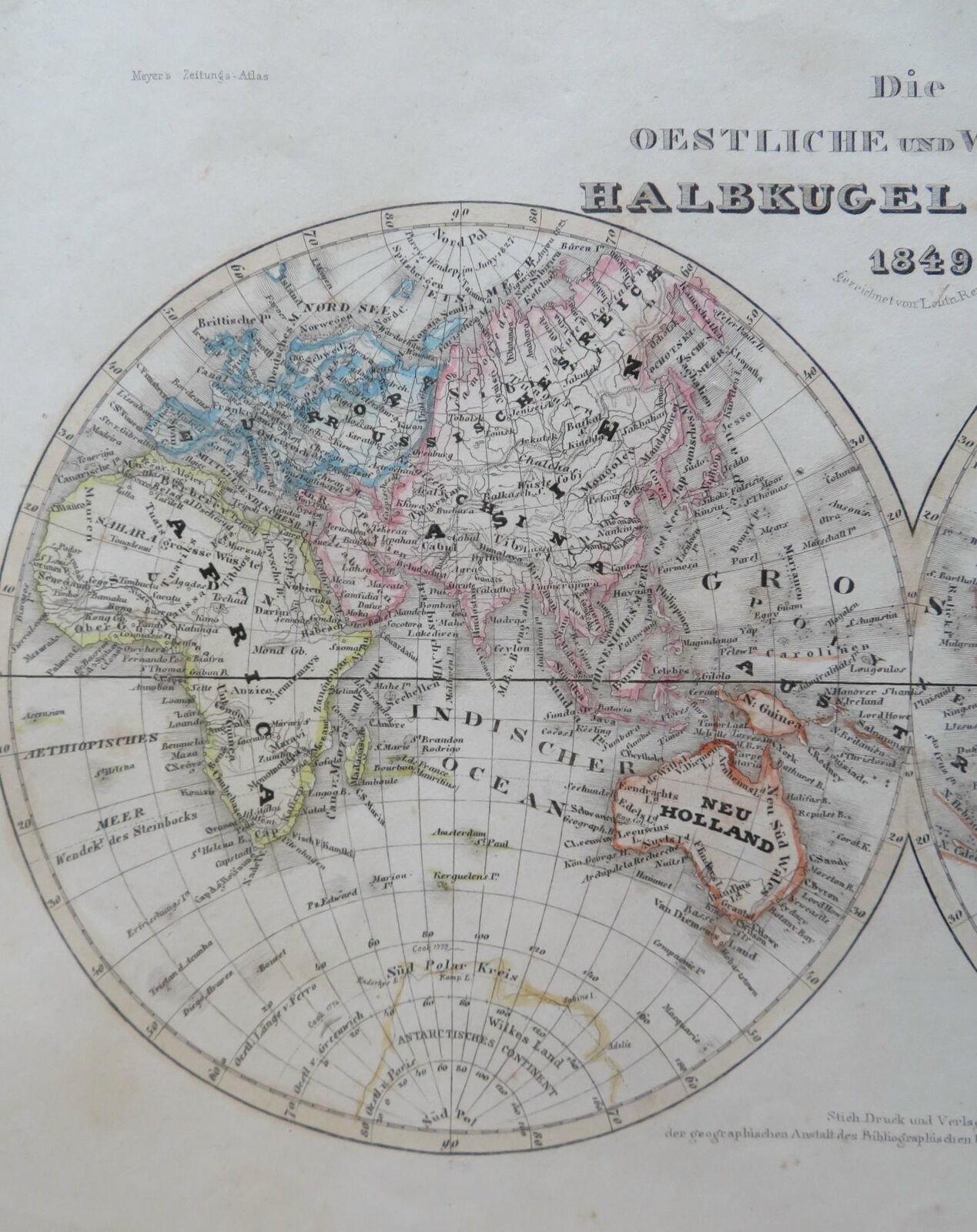 World Map in Double Hemispheres Africa Europe Asia Americas 1849 ...