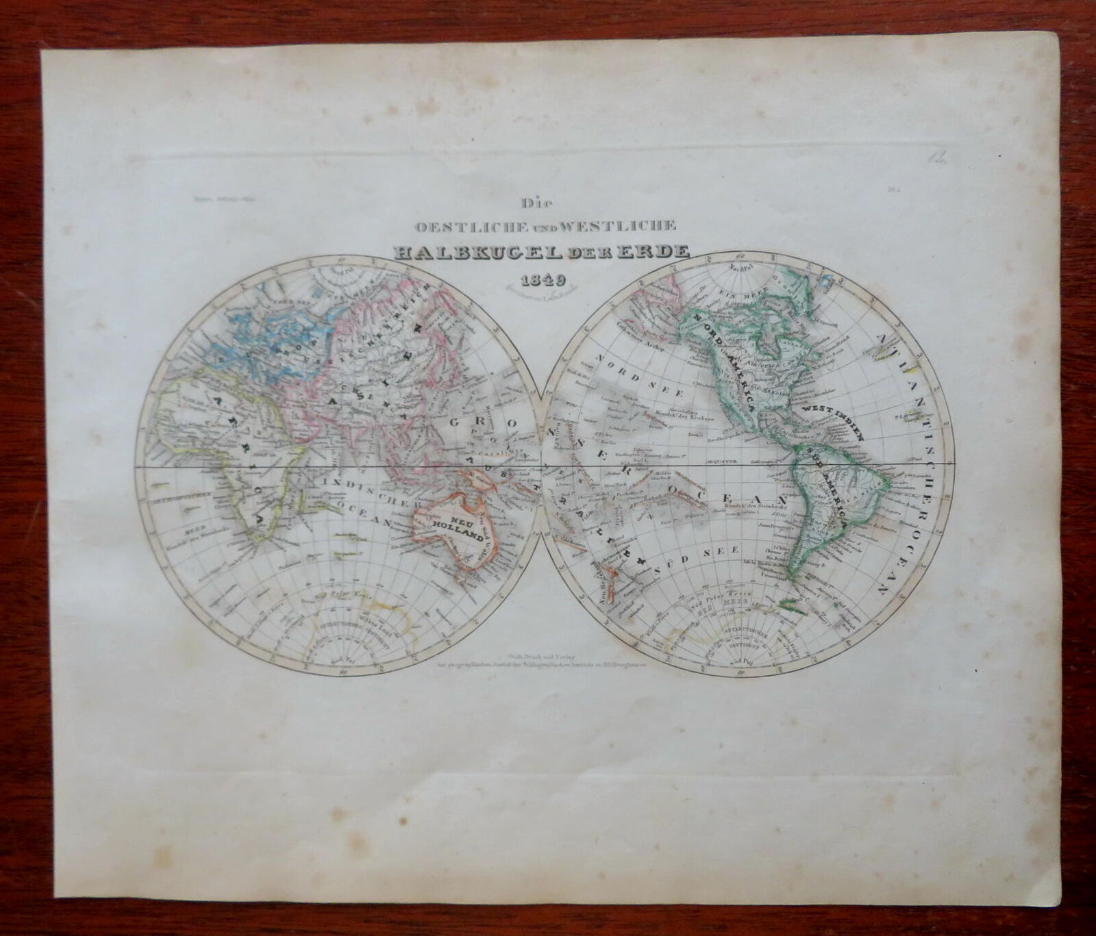 World Map in Double Hemispheres Africa Europe Asia Americas 1849 ...