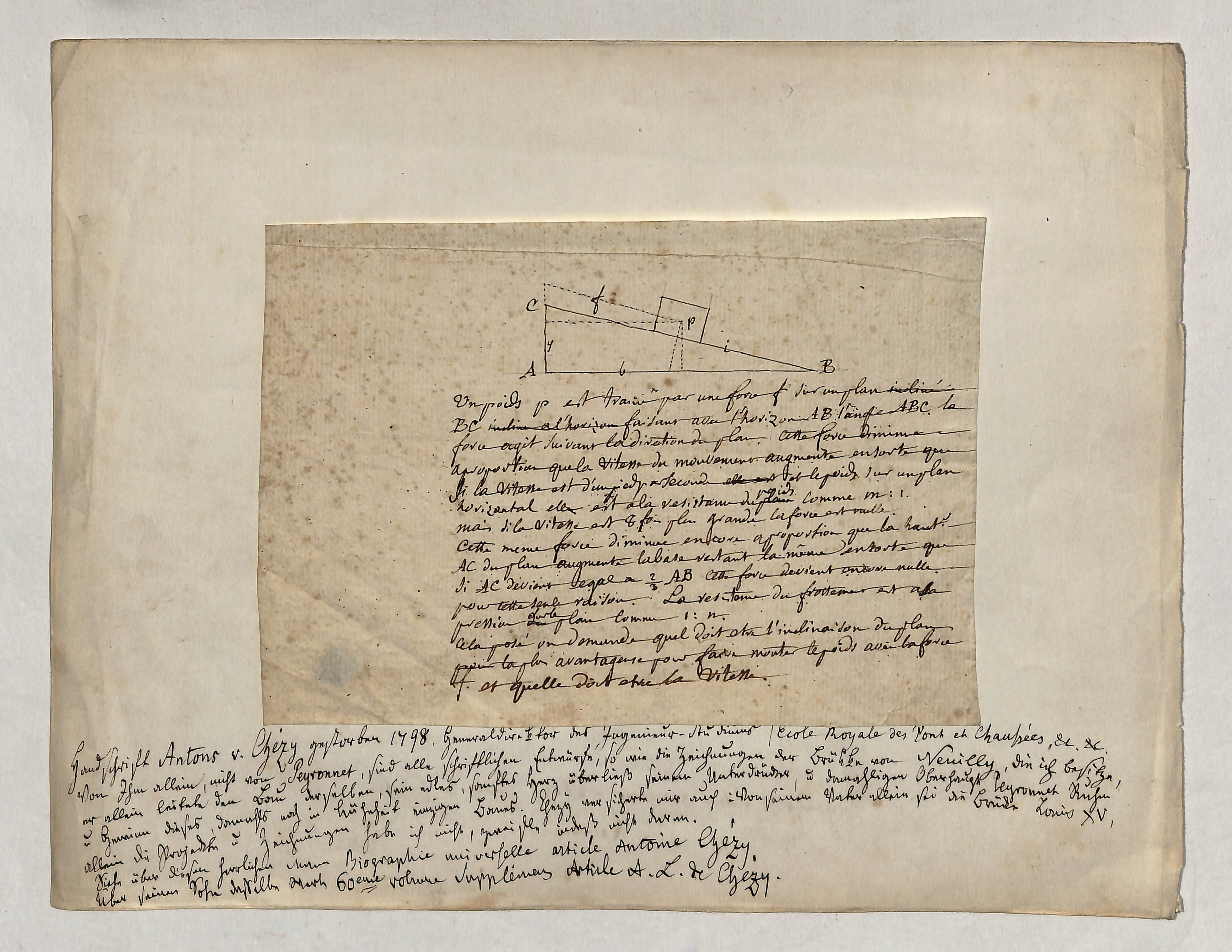 Eigenh. Schriftstück mit mathematisch-physikalischer Skizze. von Chézy ...